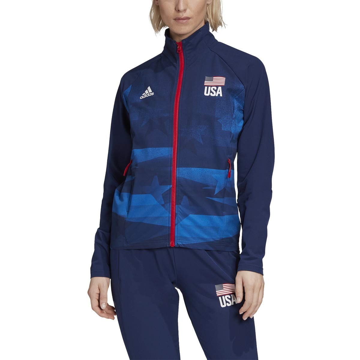 adidas Women's USA Volleyball Warm-Up Jacket Team Navy Blue/Glory Blue L/Tall
