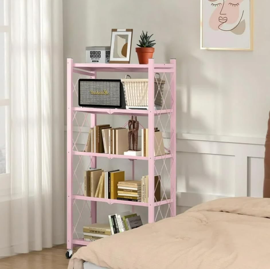 AZEITE 5-Tier Storage Shelving Unit, Heavy Duty Metal Shelf 27.9"x13.4"x62.5, Foldable Storage Shelf with Wheels, Garage Shelf, Kitchen Shelf with 4 Hooks, No Assemble Require(Pink)