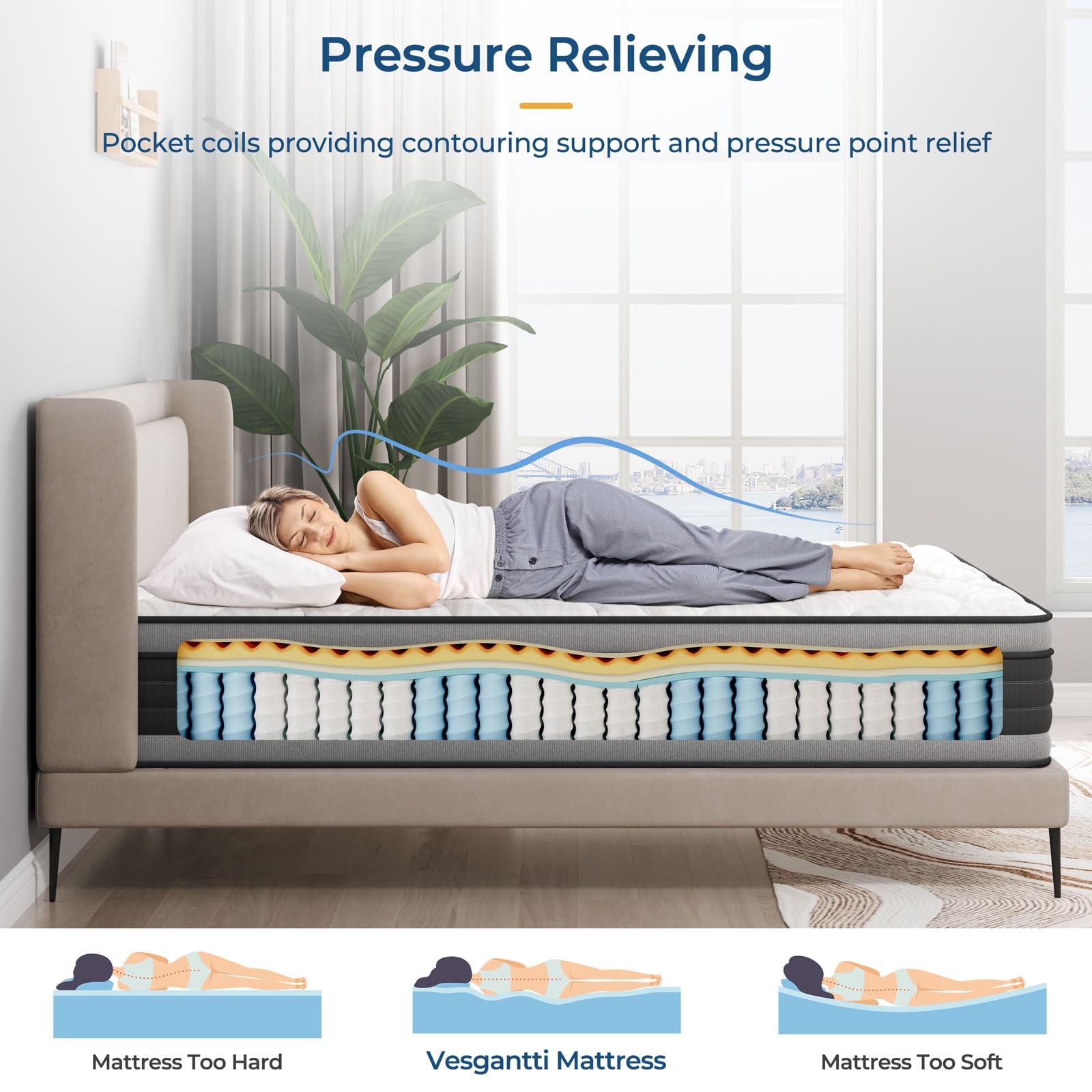 Vesgantti Twin XL Mattress, 10 Inch Hybrid Twin XL Size Mattress with Memory Foam and Individually Pocket Spring, Pressure Relief and Supportive, Medium Firm Feel, Mattress in a Box