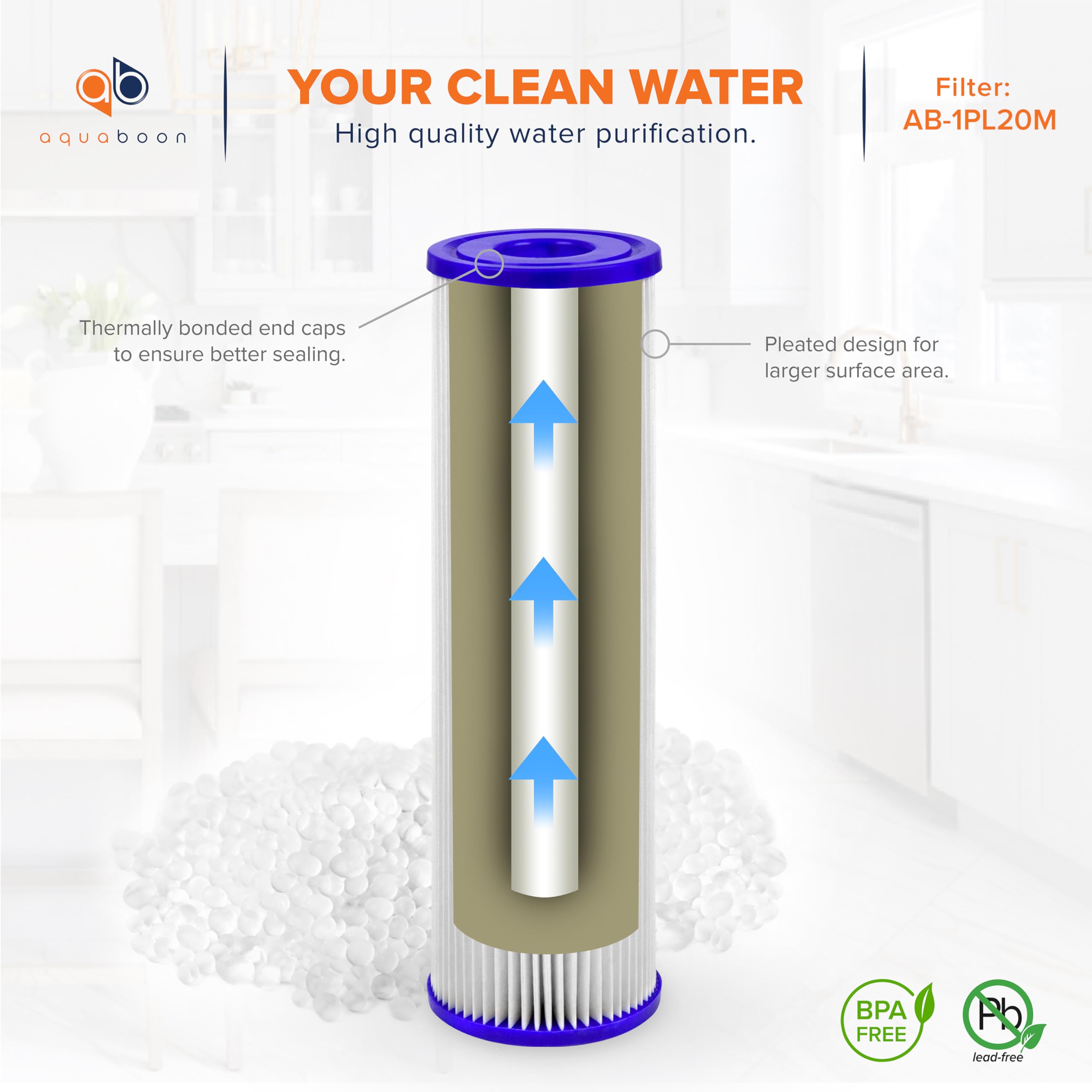 Aquaboon 20 Micron Pleated Sediment Filter Cartridge 10" x 2.5" Whole House Water Filter Replacement Compatible with WFPFC3002, WHKF-WHPL, 6-Pack