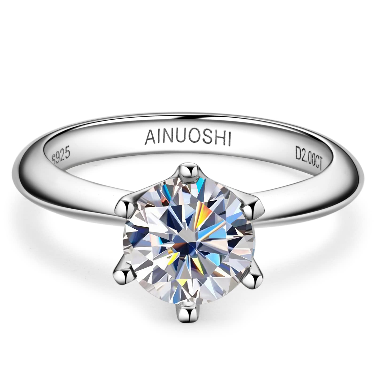 AINUOSHI Sterling Silver Moissanite Ring, 2.0ct Round Cut Wedding Ring, D-E Color Grade, Perfect for Wedding, Engagement Proposal and Anniversary.