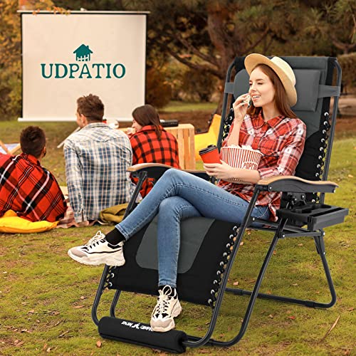 UDPATIO Zero Gravity Chair Set of 2 XL 30In Oversized Outdoor Anti Gravity Chairs Patio Lounge Folding Adjustable Chair with Cup Holder Foot Pad & Padded Headrest, Support 500lbs