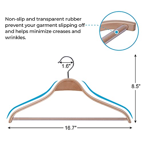 JS HANGER Wooden Coat Hangers, 10 Pack Light Weight Wood Coat/Suit Hangers with Non-Slip Pant Bar, Natural Finish
