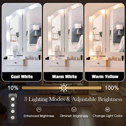 Vanity Desk with Mirror and Lights Makeup Vanity with Lights and Tri-Folding Mirror,Vanity Table with Lights,Makeup Vanity with Drawers,Vanity Mirror with Lights Desk and Chair Makeup Desk for Girl