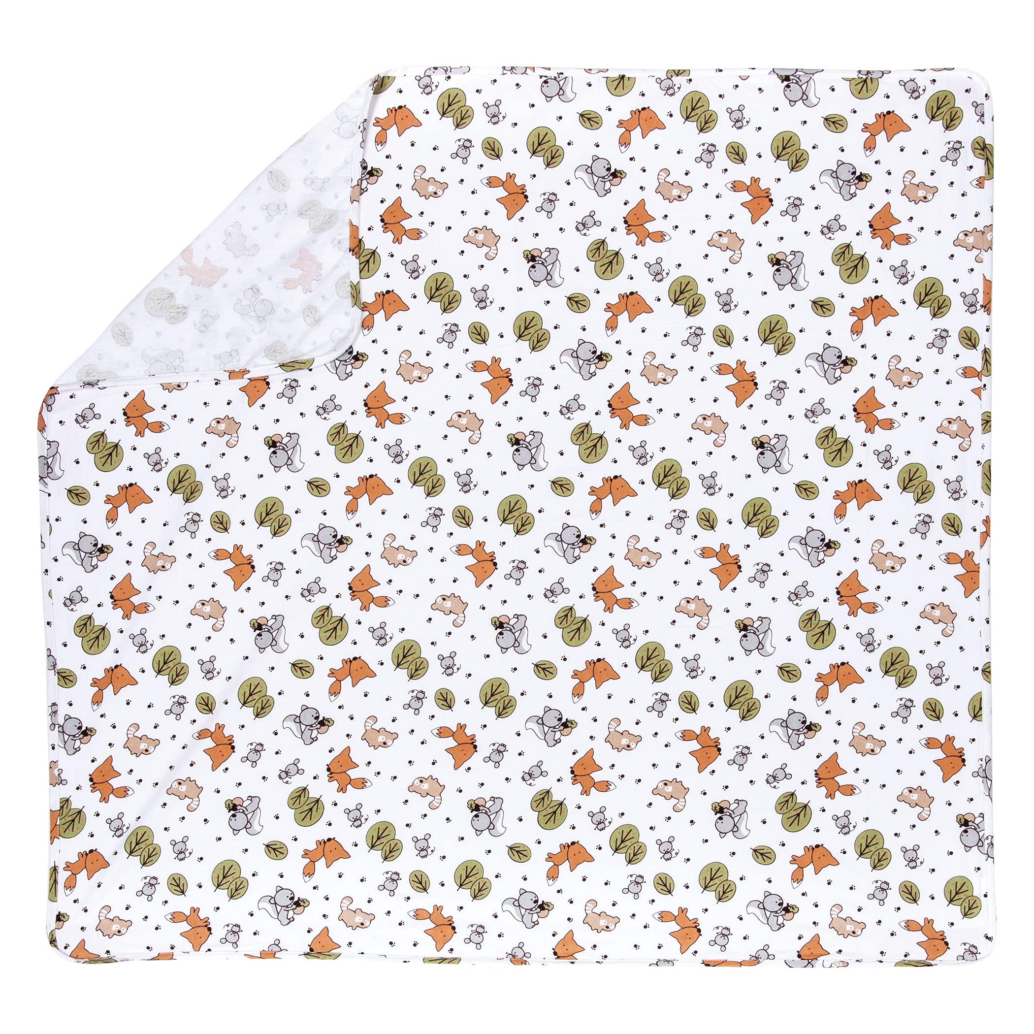 Friendly Forest Deluxe Flannel Swaddle Blanket - Forest Animals Scatter Print Cotton Flannel, Orange, Green, Tan, Gray and White, 48 in x 48 in