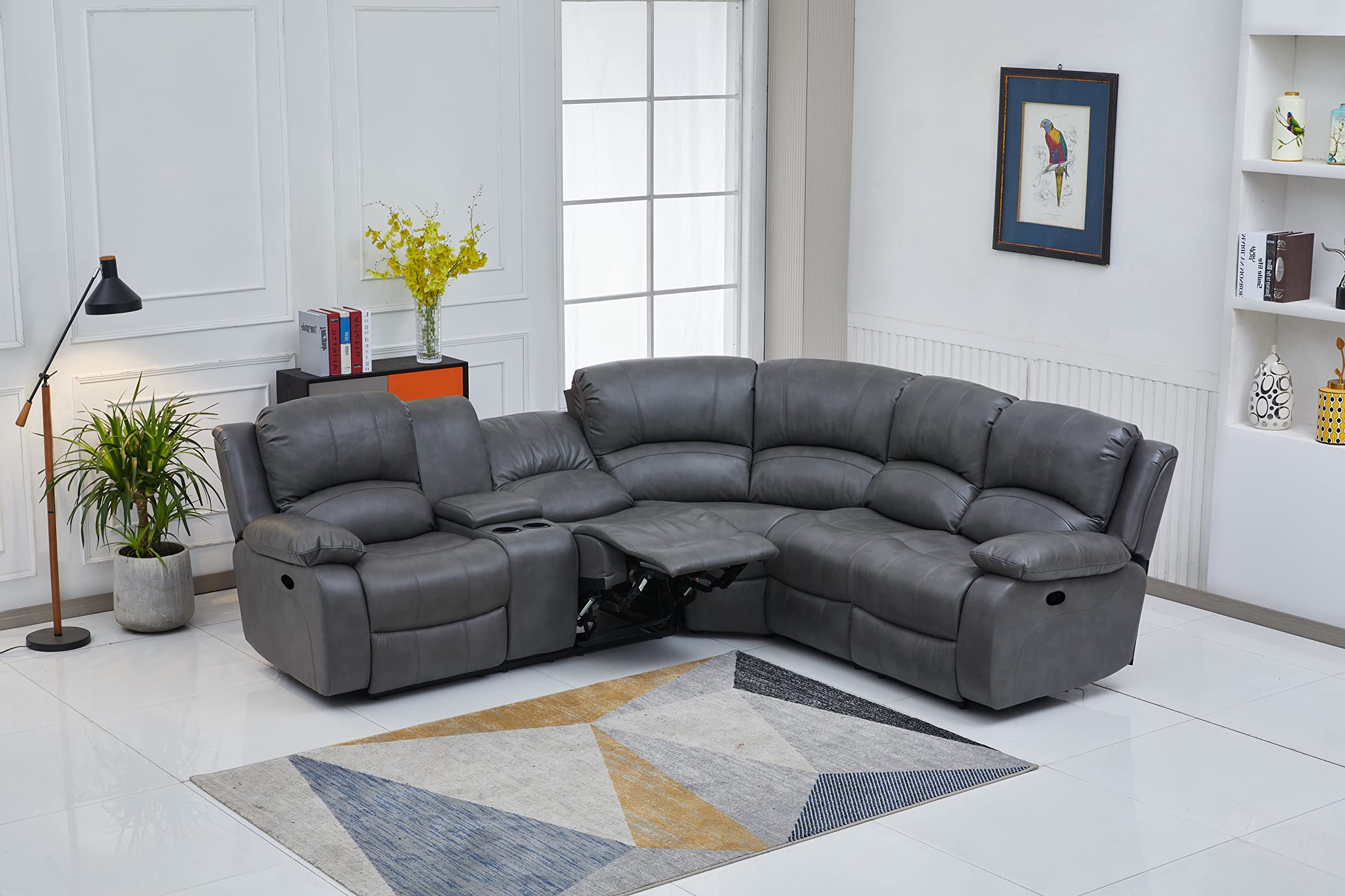 Betsy Furniture Bonded Leather Sectional in Multiple Colors, Sectional with 3 Reclining Seats, Console (Grey, Left Console Sectional)