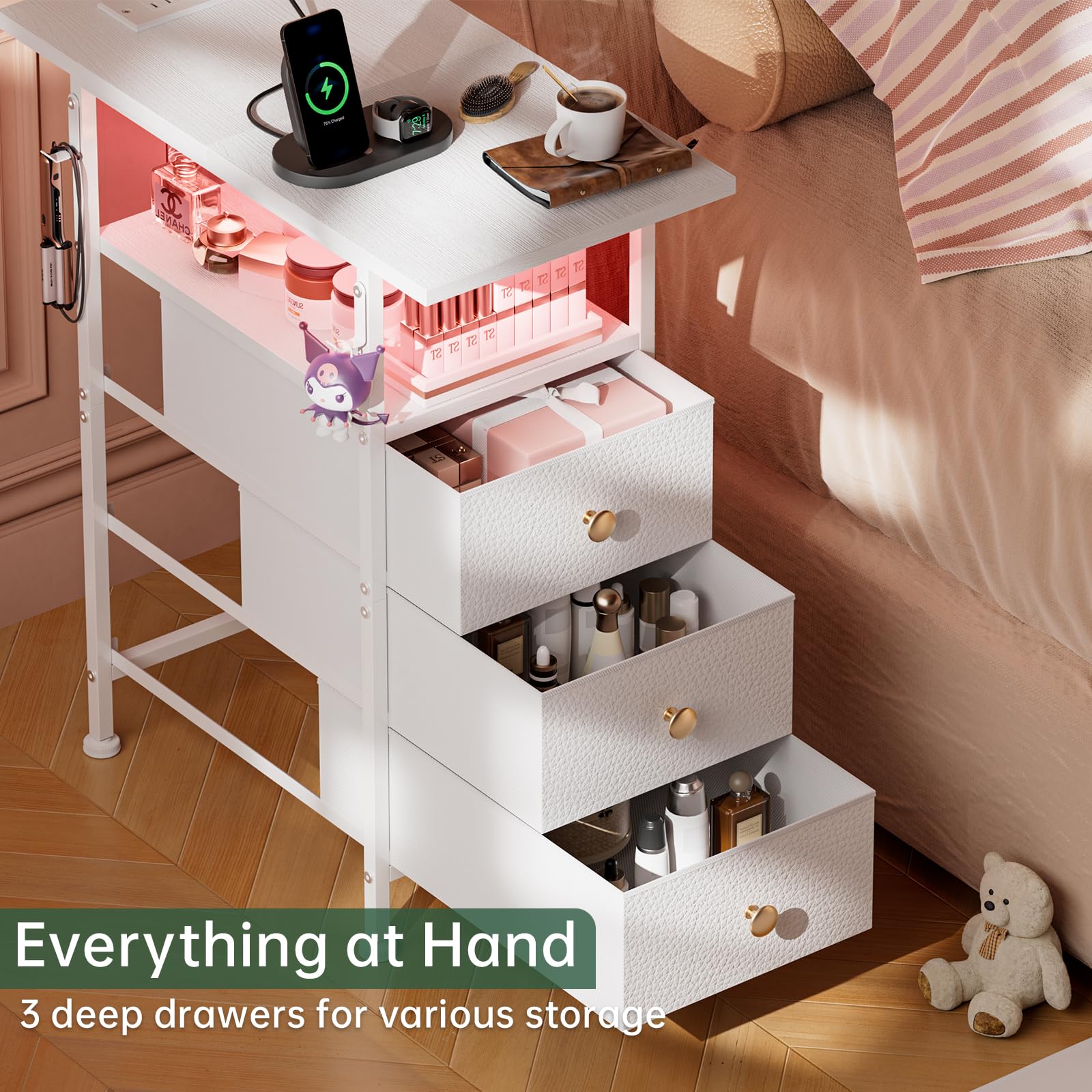 GipGiper End Table with Charging Station, Narrow Side Table with 3 Fabric Drawers and Shelf, Skinny Nightstand with LED Light, Slim Bedside Table for Bedroom, Living Room, Small Spaces, White
