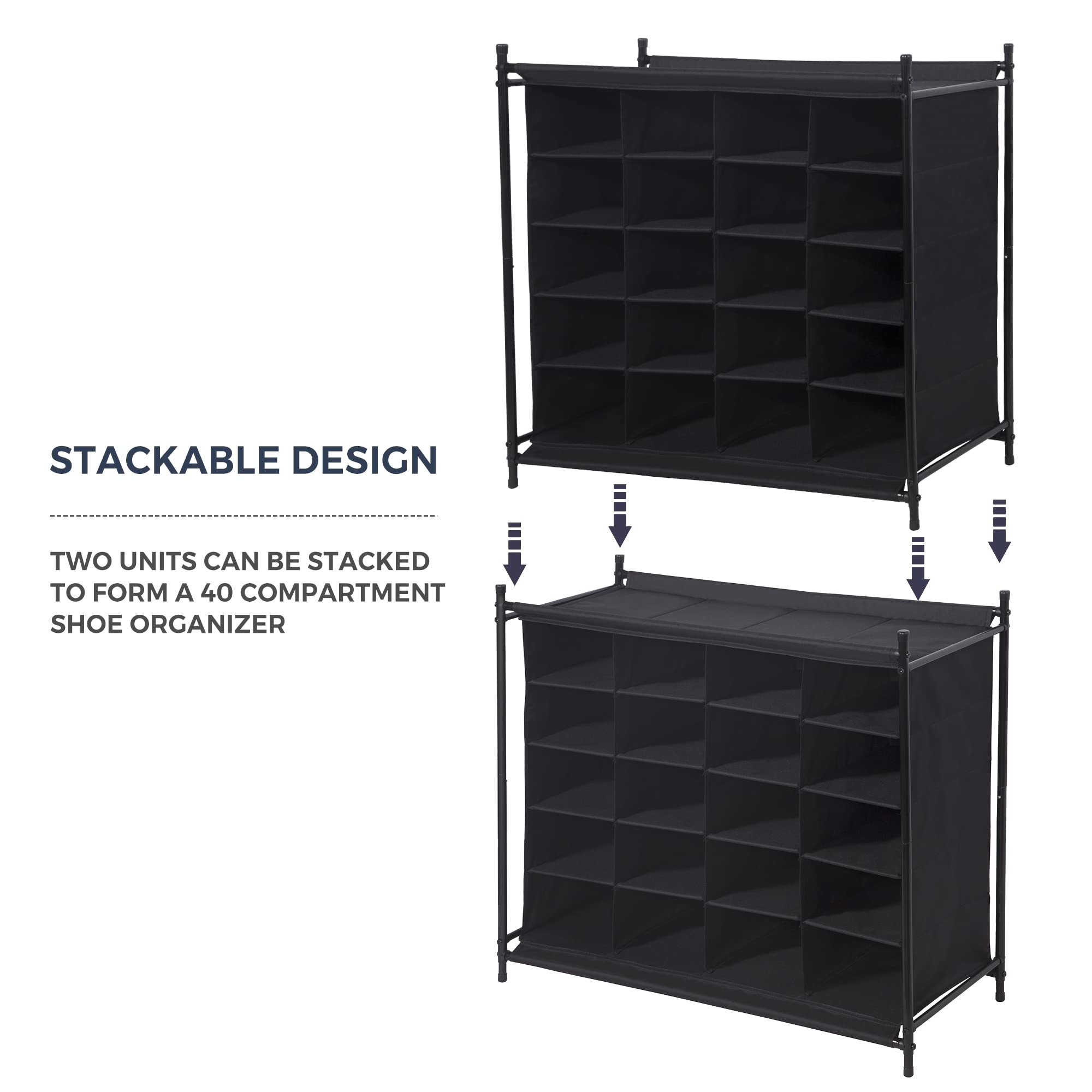 STO STO Shoe Rack Organizer, 5-Tier 20 Pairs Free Standing Stackable Shoe Rack Cubby for Entryway, Closet and Hallway, Black