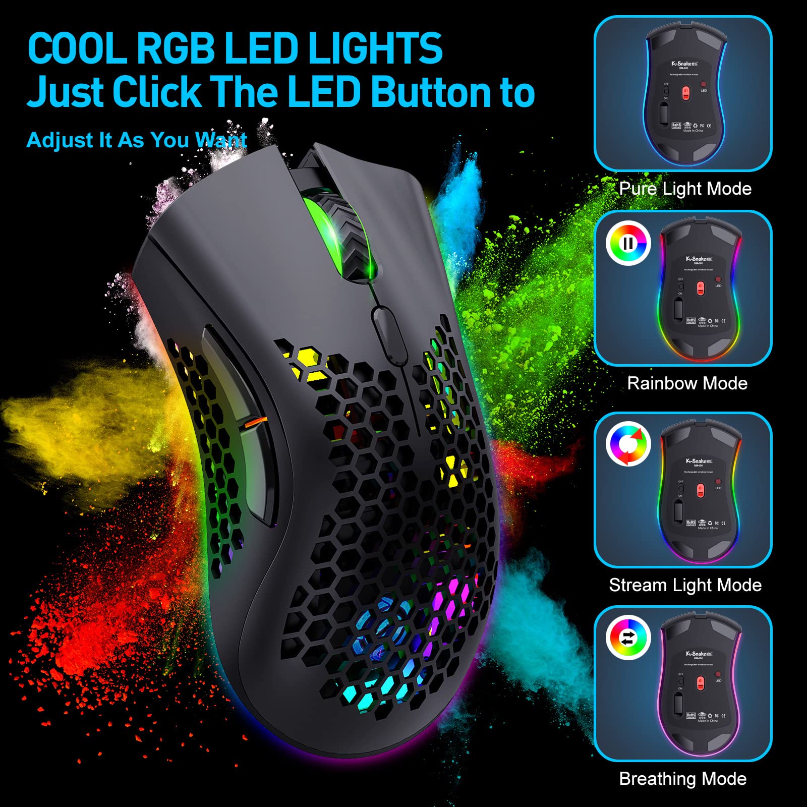 aipasi tech Wireless Lightweight Gaming Mouse, 2.4G Wireless Rechargeable Computer Mouse with Honeycomb Shell, USB Receiver, Adjustable DPI, Ergonomic RGB Gamer Mice for PC Mac Gamer(Black)