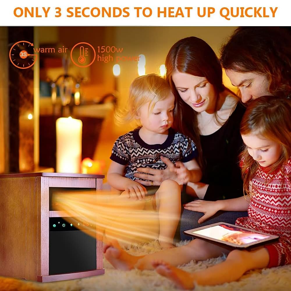Air Choice Electric Space Heater, 1500W Infrared Heater w/ 3 Heating Mode, Thermostat, Remote Control & 12h Timer, Small Portable Room Heaters for Indoor Use, Bedroom, Office, Living Room, Dark Walnut
