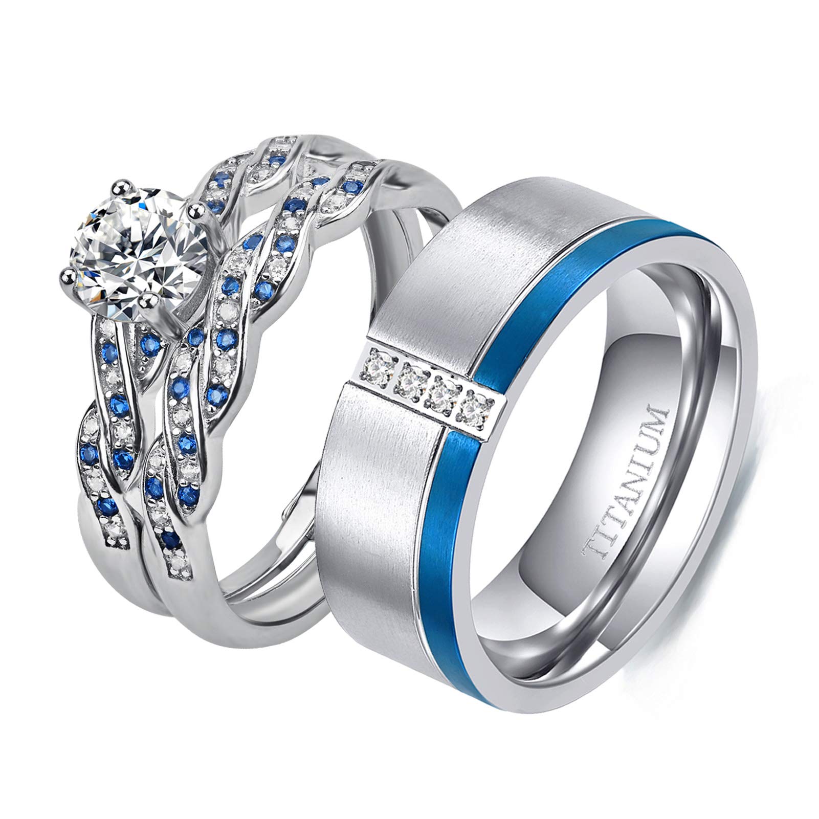 Adjustable size Wedding Ring Sets His And Hers Promise Ring Couples Bridal Sets Women 925 Sterling Silver Round Cz Man Titanium Wedding Bands