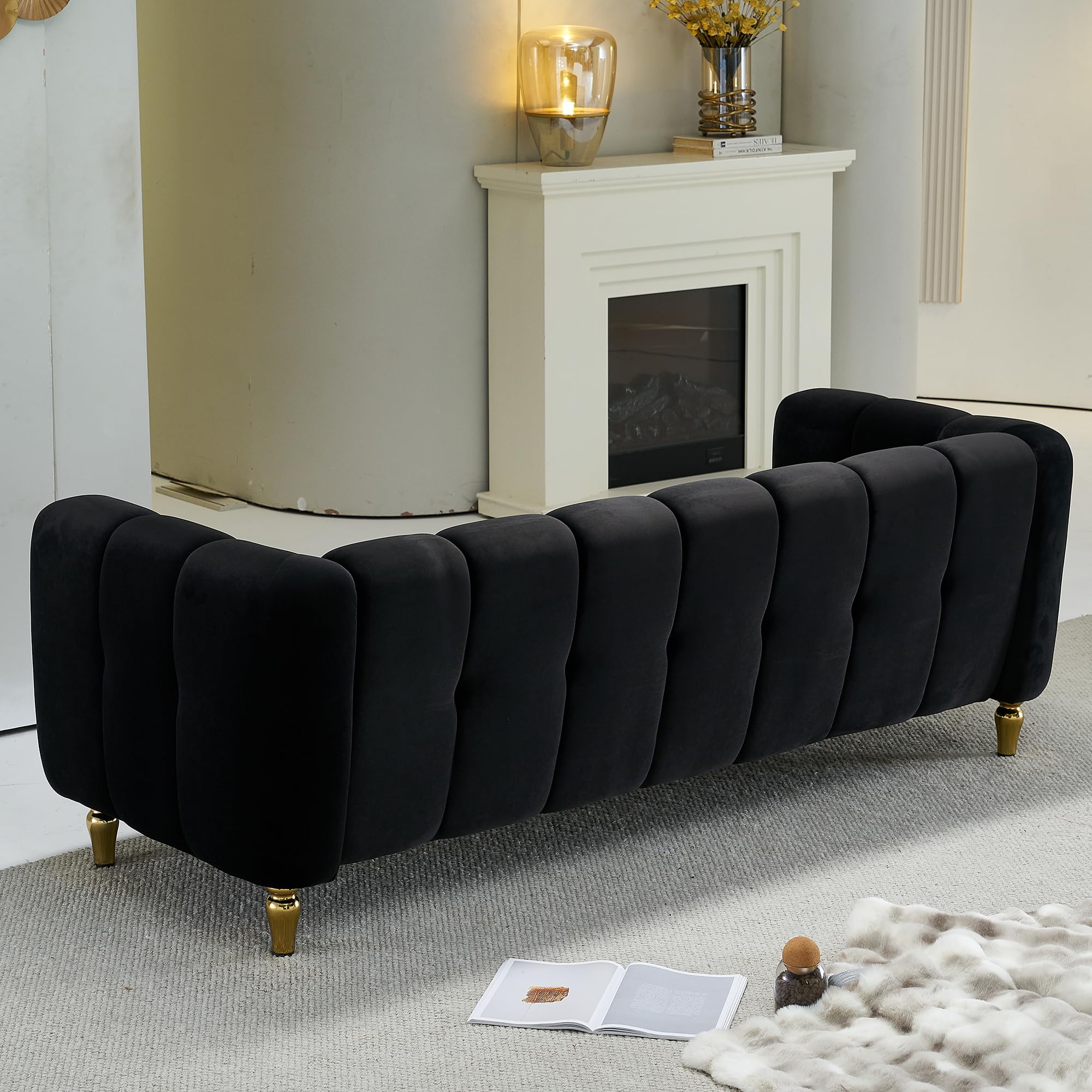 Homtique Modern Sofa for Living Room, Oversized Sofa-83inch Comfy Velvet Sofa, Channel-Tufted Design Couch Deep Seat for Bedroom, Studio, Office (Black)