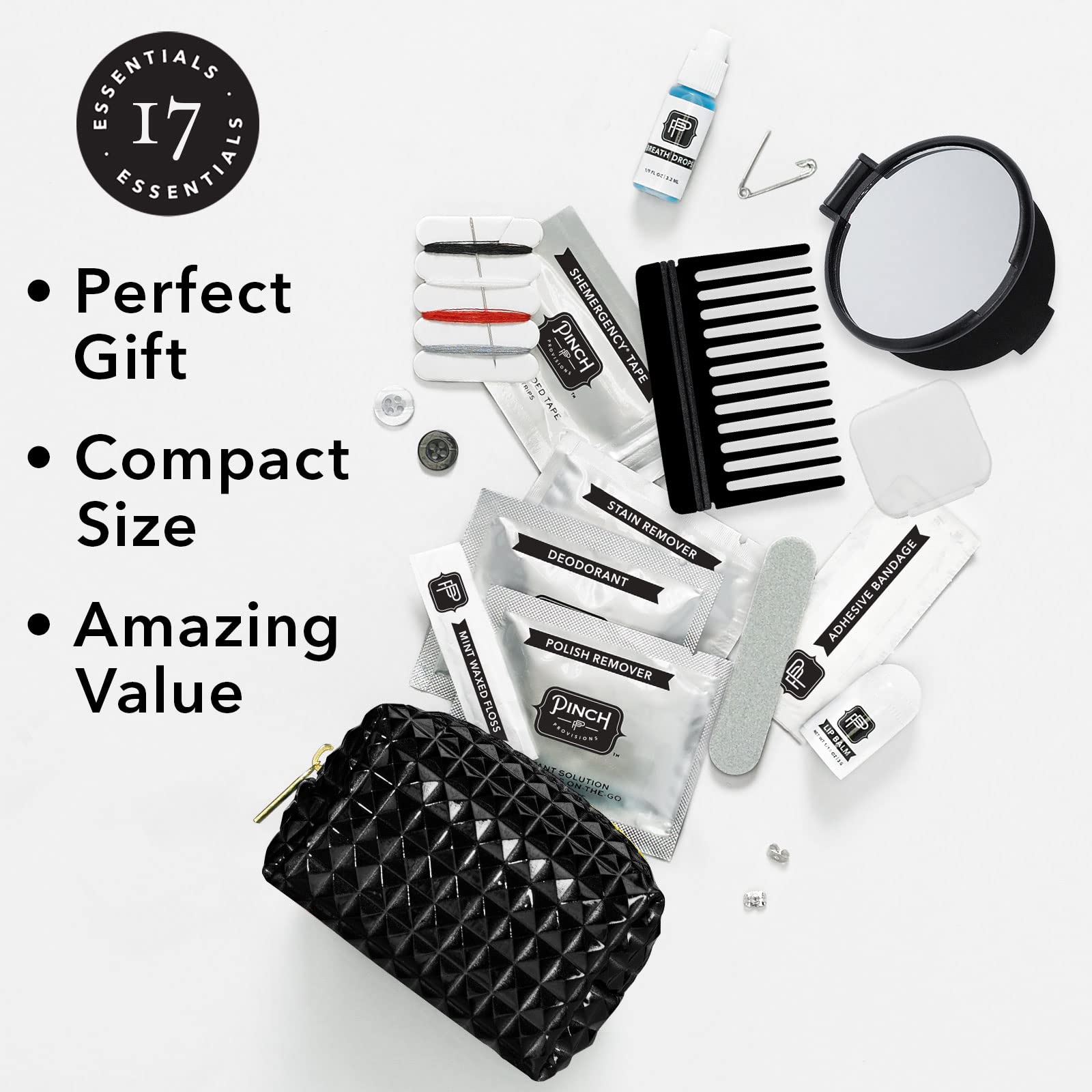 Pinch Provisions Minimergency Kit, Includes 17 Travel-Sized Cosmetic Essentials, Convenient for Purses, Emergency Beauty Accessories, Gifts for Holiday’s & Birthday’s, Edge Black