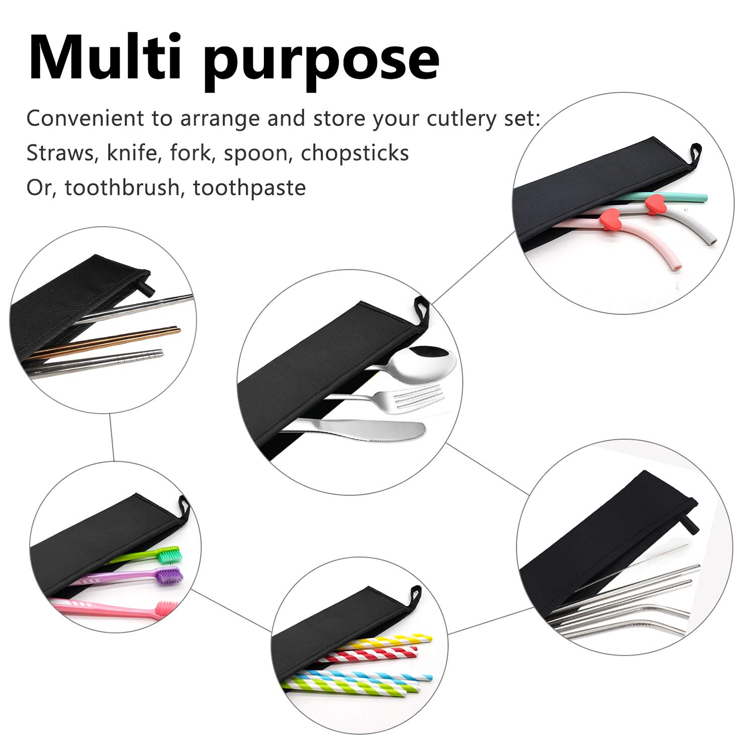 Aosbos Reusable Straws Pouch Carrying Case for Metal Straws Paper Straw Plastic Straws Disposable Straws Silicone Straws Tumbler Straws Case Stainless Steel Straw Bags Chopstick Container, Black