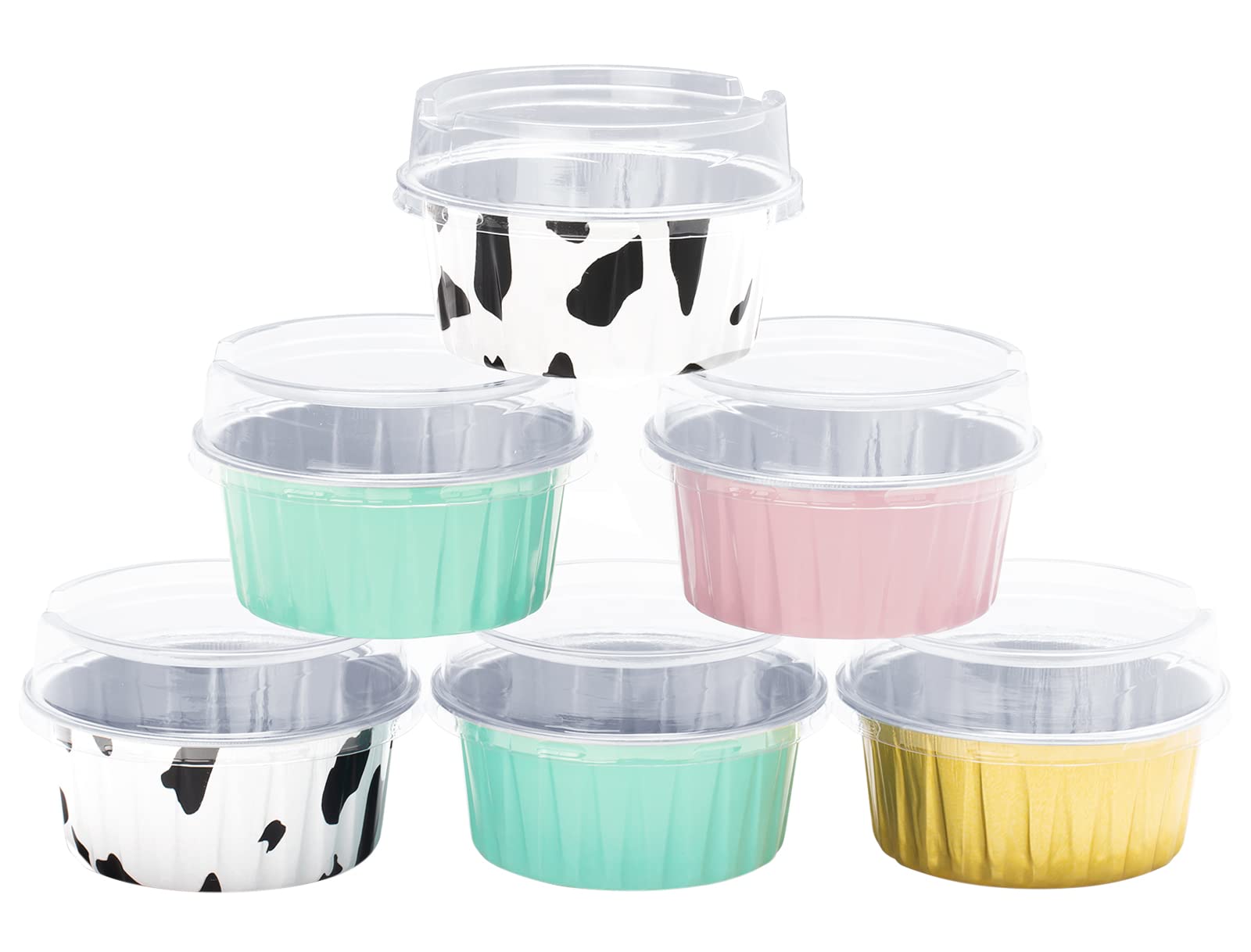 AOSYCO Dessert Cups, 100pcs 4 Colors Mixed Cupcake Containers, 5oz 125ml Disposable Aluminum Foil Pans Ramekins, Baking Cups, Muffin Liners with Lids
