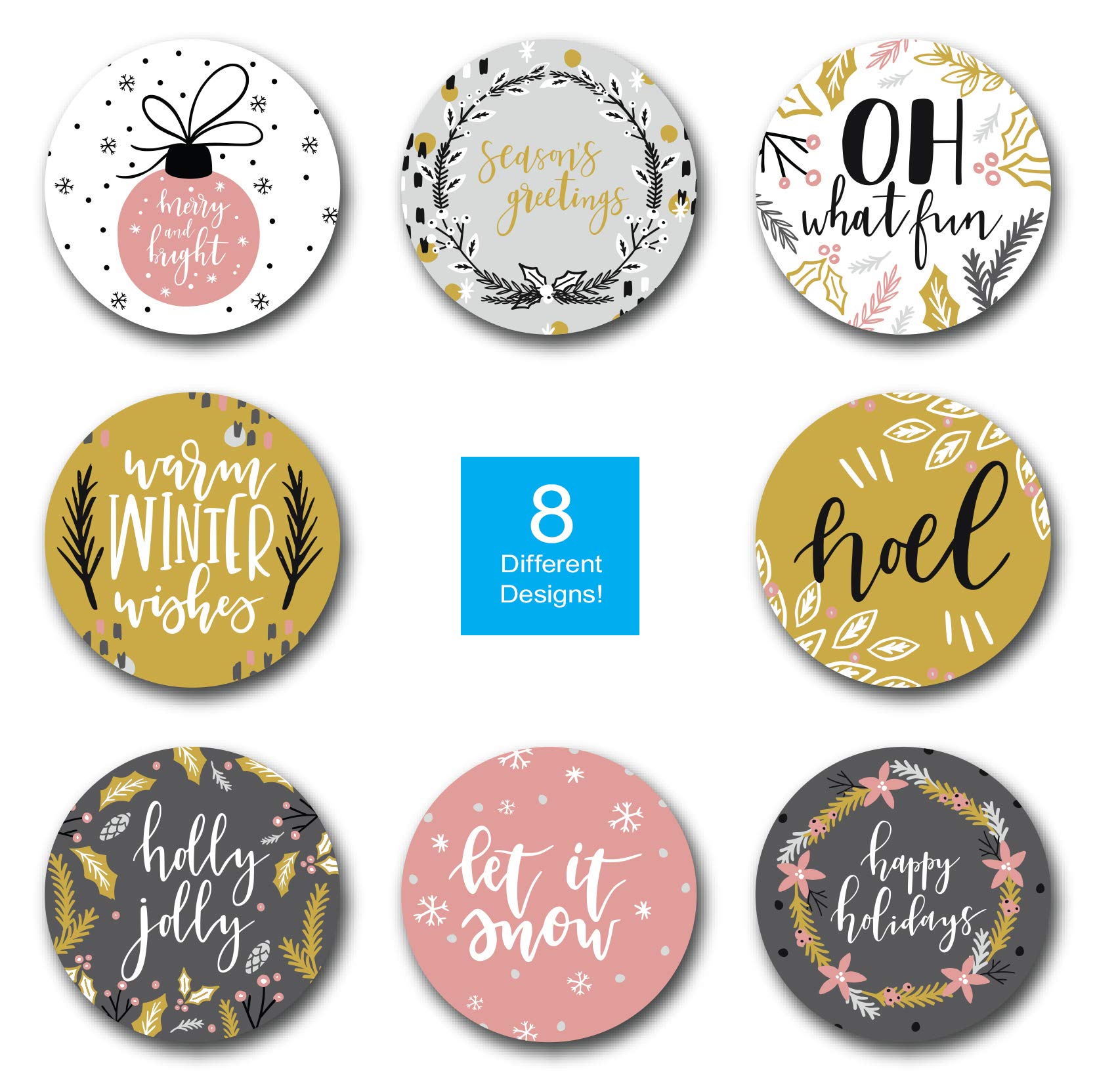 Grey Mustard Pink Christmas Stickers / 500 Modern Holiday Labels / 1.5" Winter Envelope Seals / 8 Alternating Festive Designs/Made in The USA