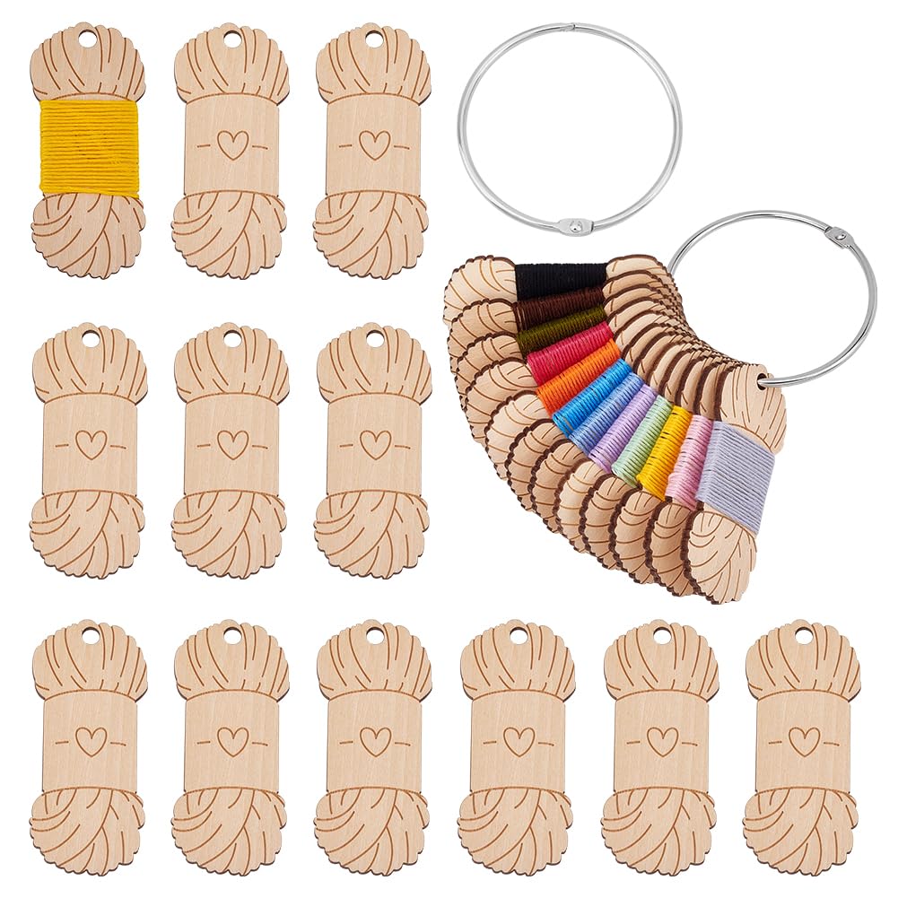 BENECREAT 12Pcs Wooden Blank Yarn Peg, Creative Woolen Thread Winding Boards, Knitting Yarn Holder with Iron Ring for Embroidery Needlework Macrame Weaving Cord and Sewing Threads