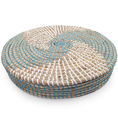 Ann Lee Design Round Serving Seagrass Trays (Teal Blue Vortex, Seagrass)