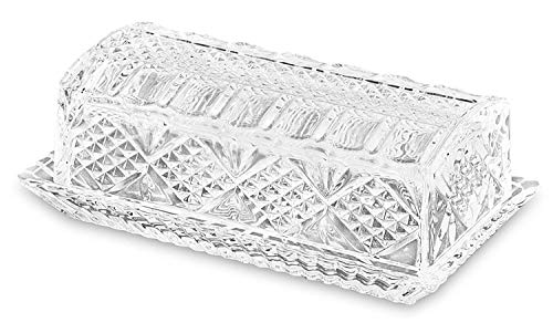 Large Deep Danish Crystal Covered Butter Dish Butter keeper Well Sealed to Keep Butter Soft Beautiful Decorative Design and Antique Look 7" x 3.75" x 2.75"