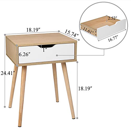 Bonnlo Wood&White Nightstands Set of 2 End Side Table with Spacious Drawer & Solid Wood Legs for Livingroom, Bedroom, Dorm