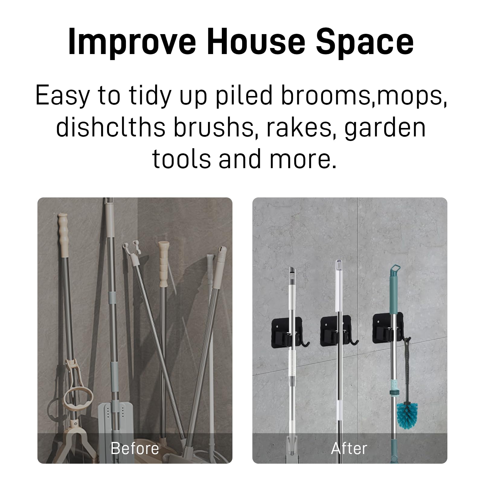 AACGIN 5 Pack Broom Holder Stainless Steel Rust Resistant Broom Hanger with Hooks Screw Drilling Heavy Duty Mop and Broom Holder Wall Mount for Bathroom Kitchen Laundry Room Garage Storage - Silver