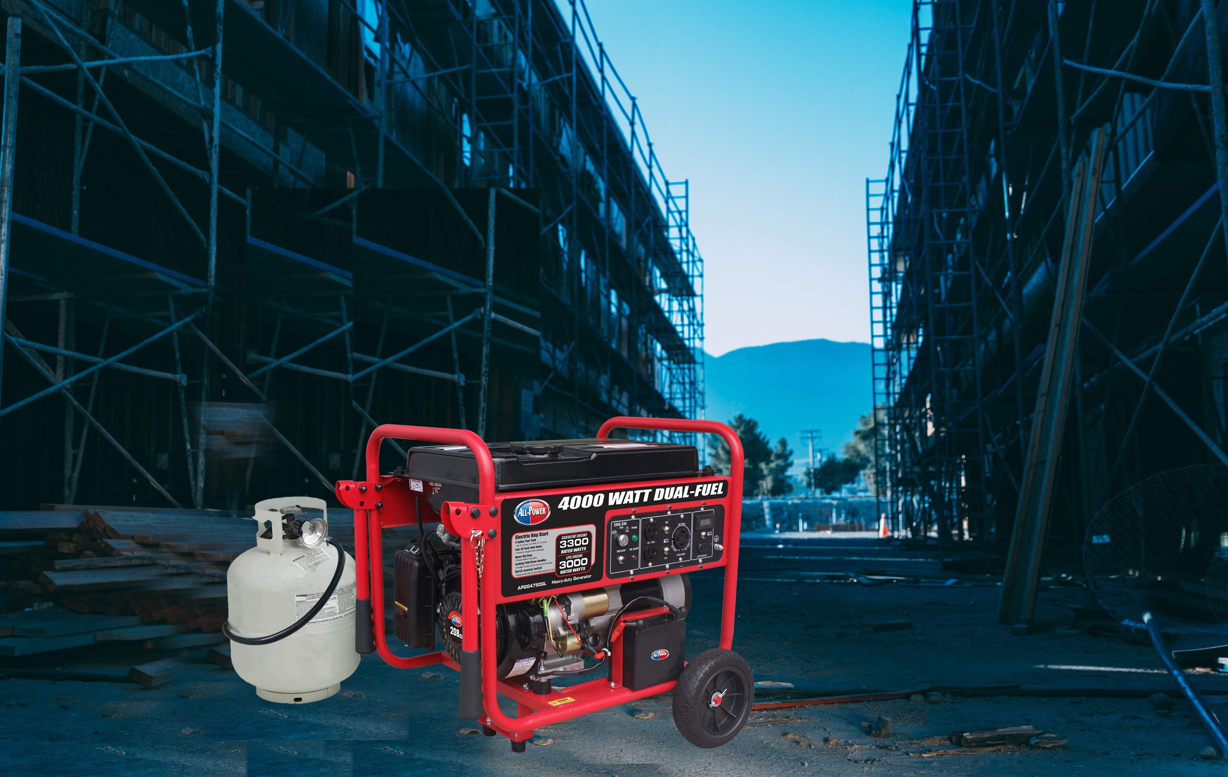 All Power America 4000 Watt Portable Dual Fuel Generator - Electric Start - Gas/Propane(LPG), Black/Red