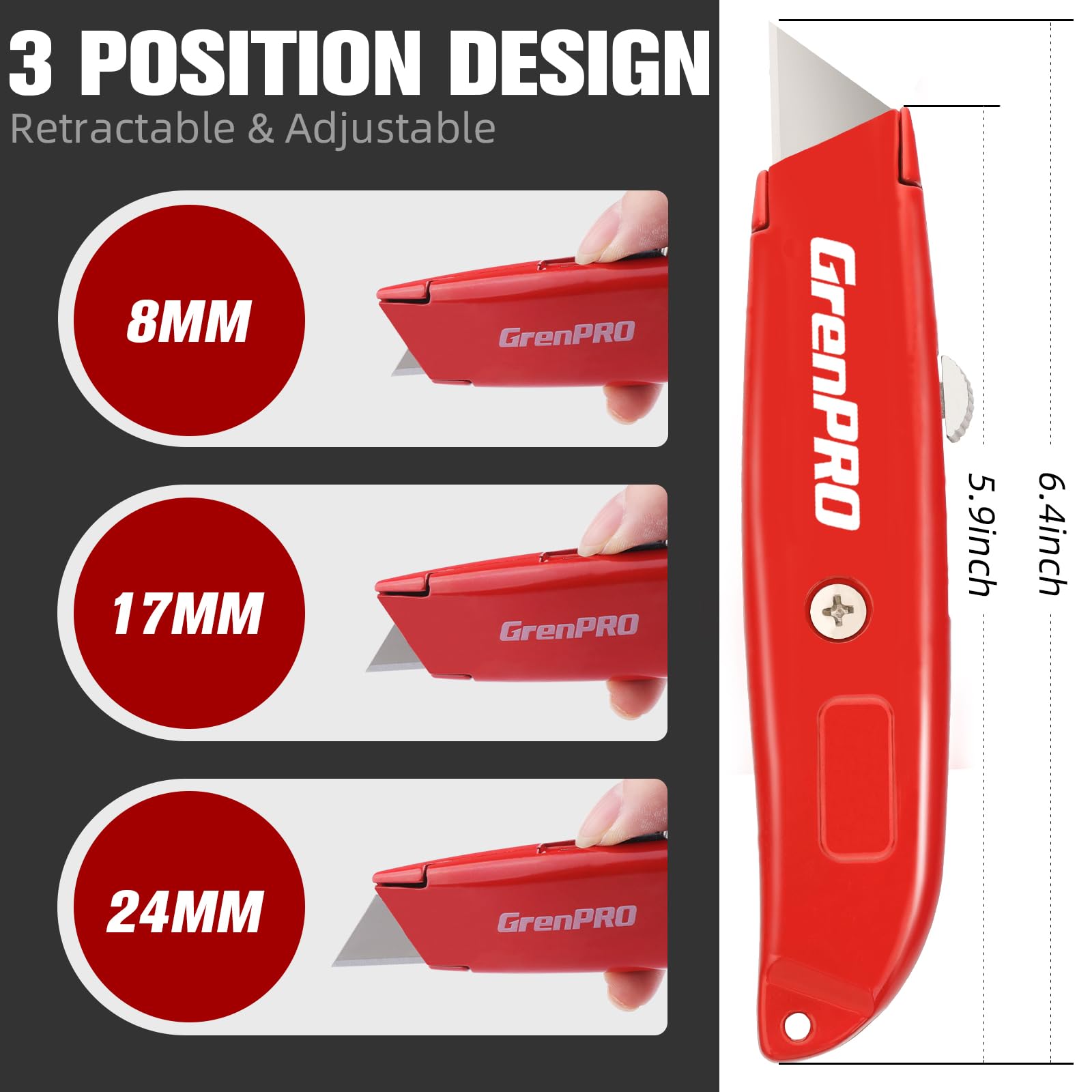 GRENPRO 12 Pack Utility Knife, Portable Box Opening Knife, Retractable Blade SK5 4 Color Heavy Duty Aluminum Shell Utility Knife for Cartons, Cardboard and Boxes,Extra 20PCS Trapezoid Blades Included