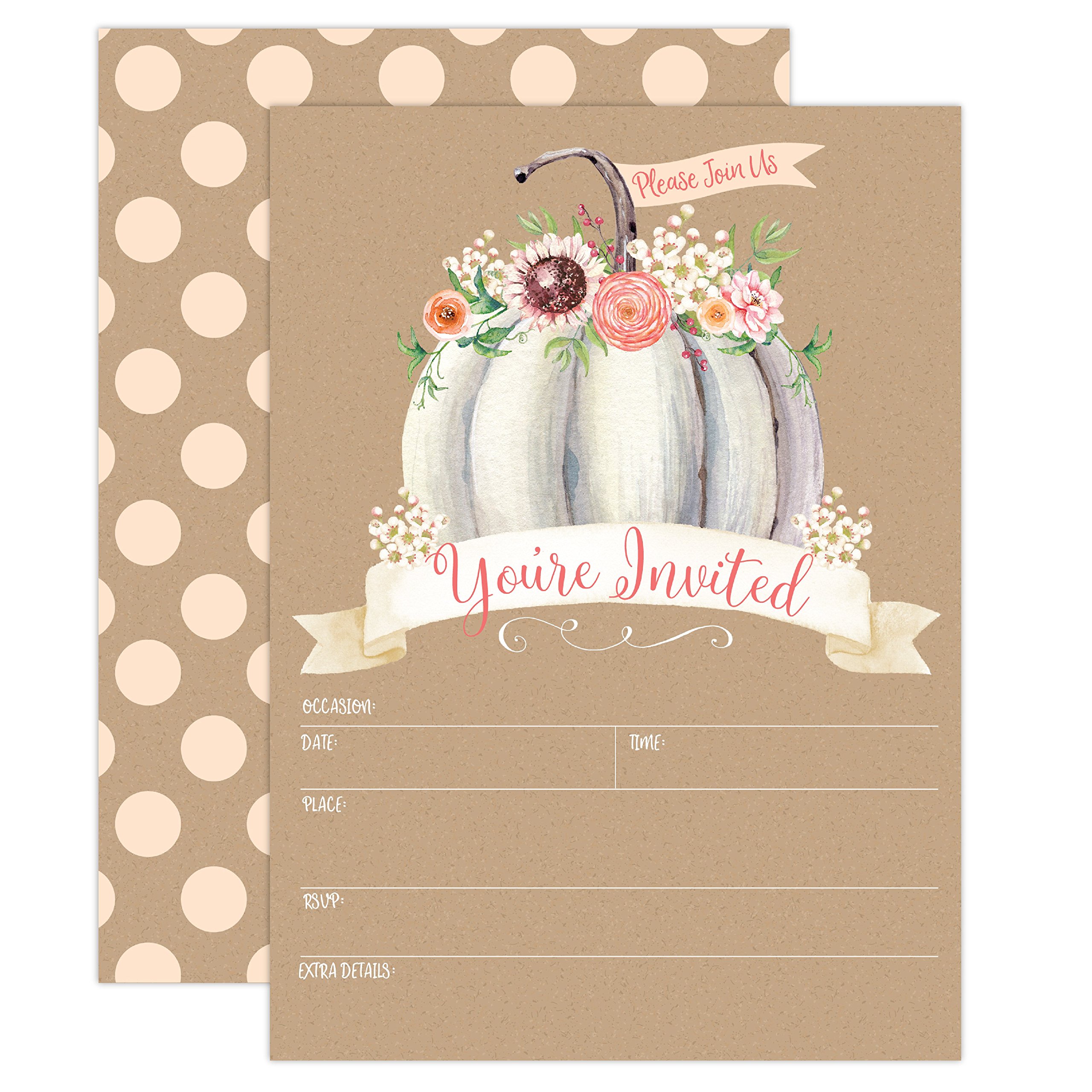 Pumpkin Fall Baby Shower Invitations, A6 Envelopes Included, 20 Count Pack, Premium Heavy-weight Card Stock, Two Sided, Autumn Floral Design, Pink and Gold Color