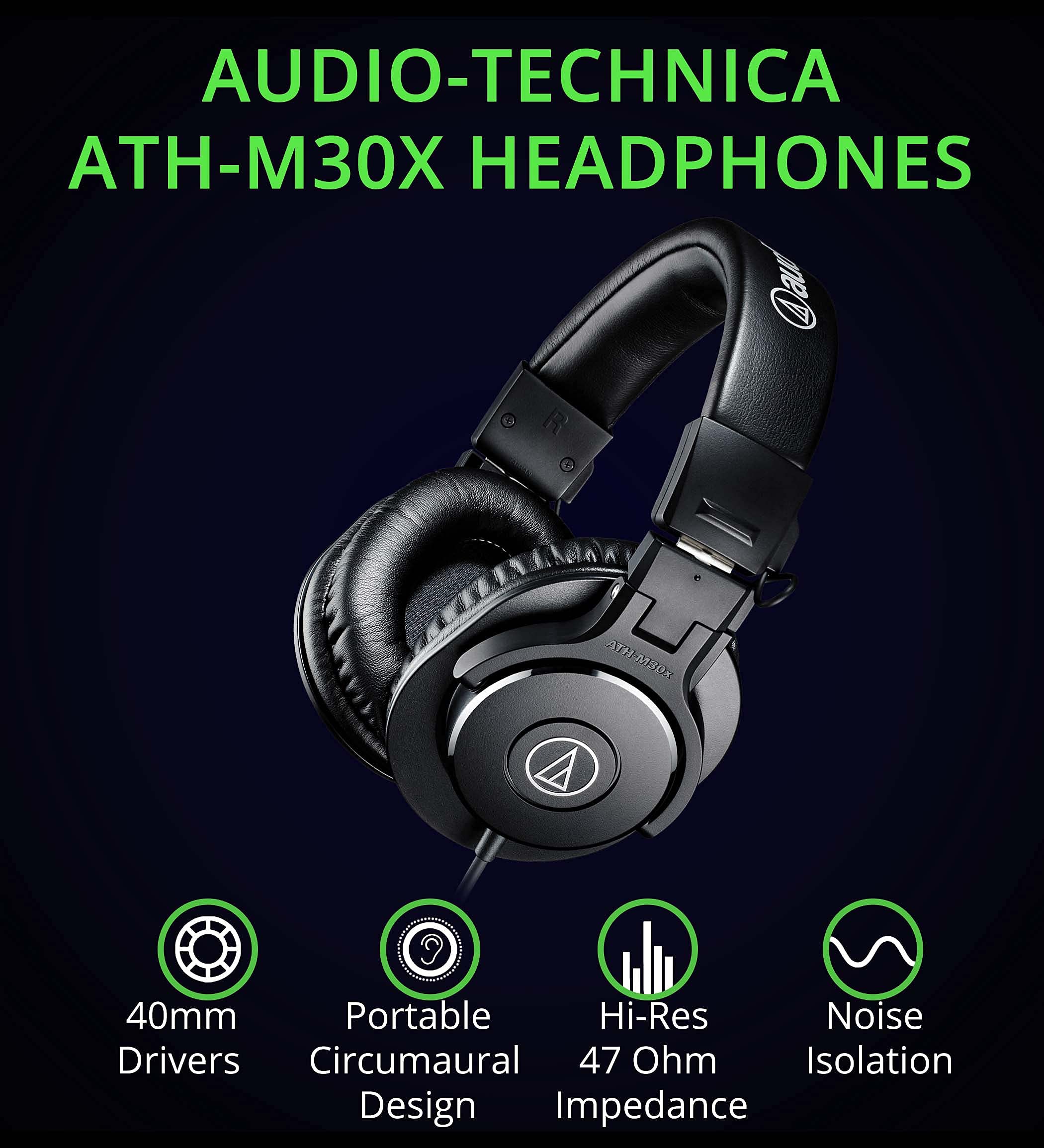 blucoil Audio Technica ATH-M30x Professional Studio Monitor Headphones (Black) Bundle Portable USB Audio Interface for Windows & Mac, 10' XLR Cable, and Samson R21S Dynamic Microphone