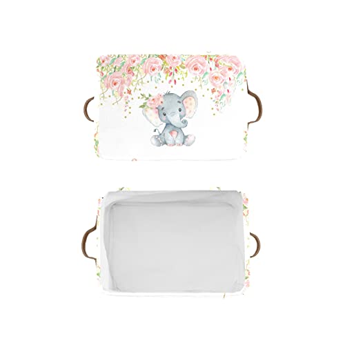 Joyestore Pink Flower Elephant Personalized Storage Bins ,Baskets Cubes Organizer with Handle for Shelves Closet Nursery Toy 1 Pack