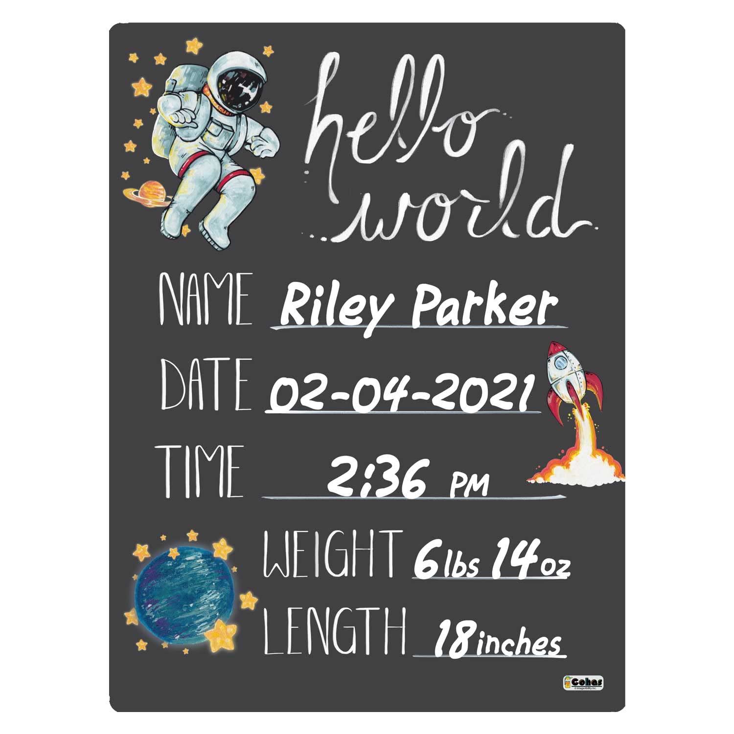 Cohas Hello World Newborn Baby Announcement Chalkboard Sign with Space Theme, 9 by 12 Inches, White Marker