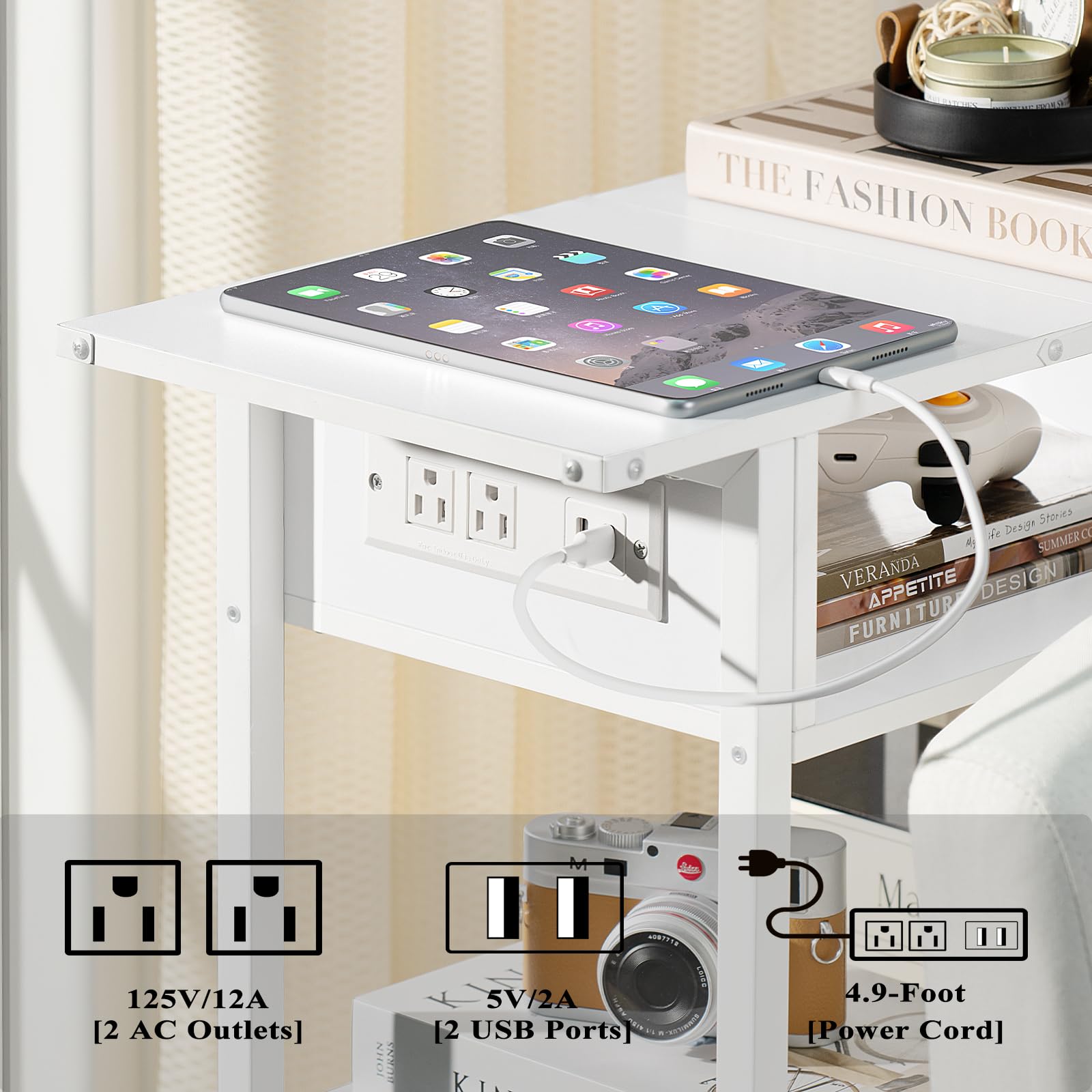 Lerliuo Side Table with Charging Station,Narrow End Table with USB Ports and Outlets,White Skinny Nightstand with Open Storage Shelf for Small Space,Slim Sofa Bedside Table for Living Room Bedroom