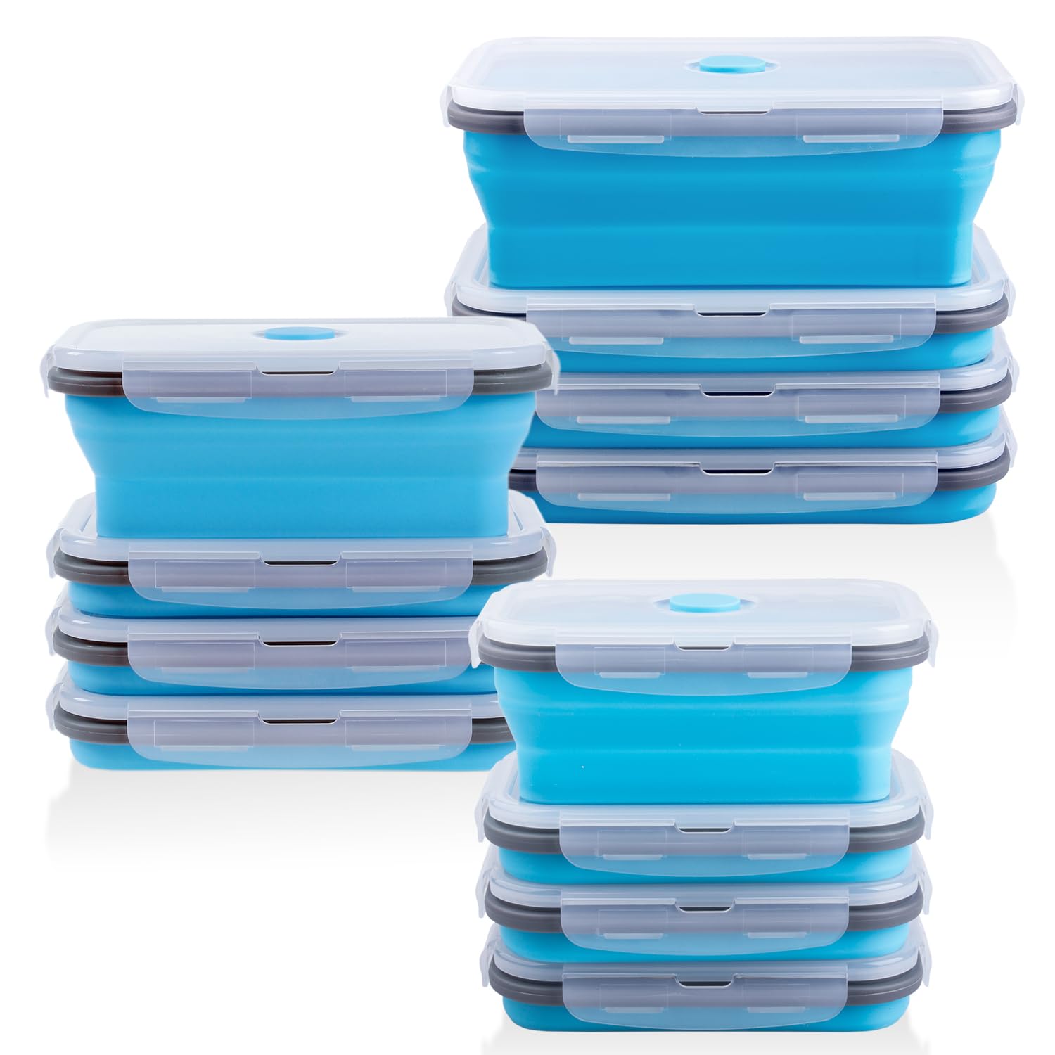 Annaklin Collapsible Food Storage Containers with Lid, Bundle of 3 Sizes, 12 Pack, Kitchen Stacking Silicone Collapsible Meal Prep Container Set for Leftover, Microwave Freezer Dishwasher Safe, Blue