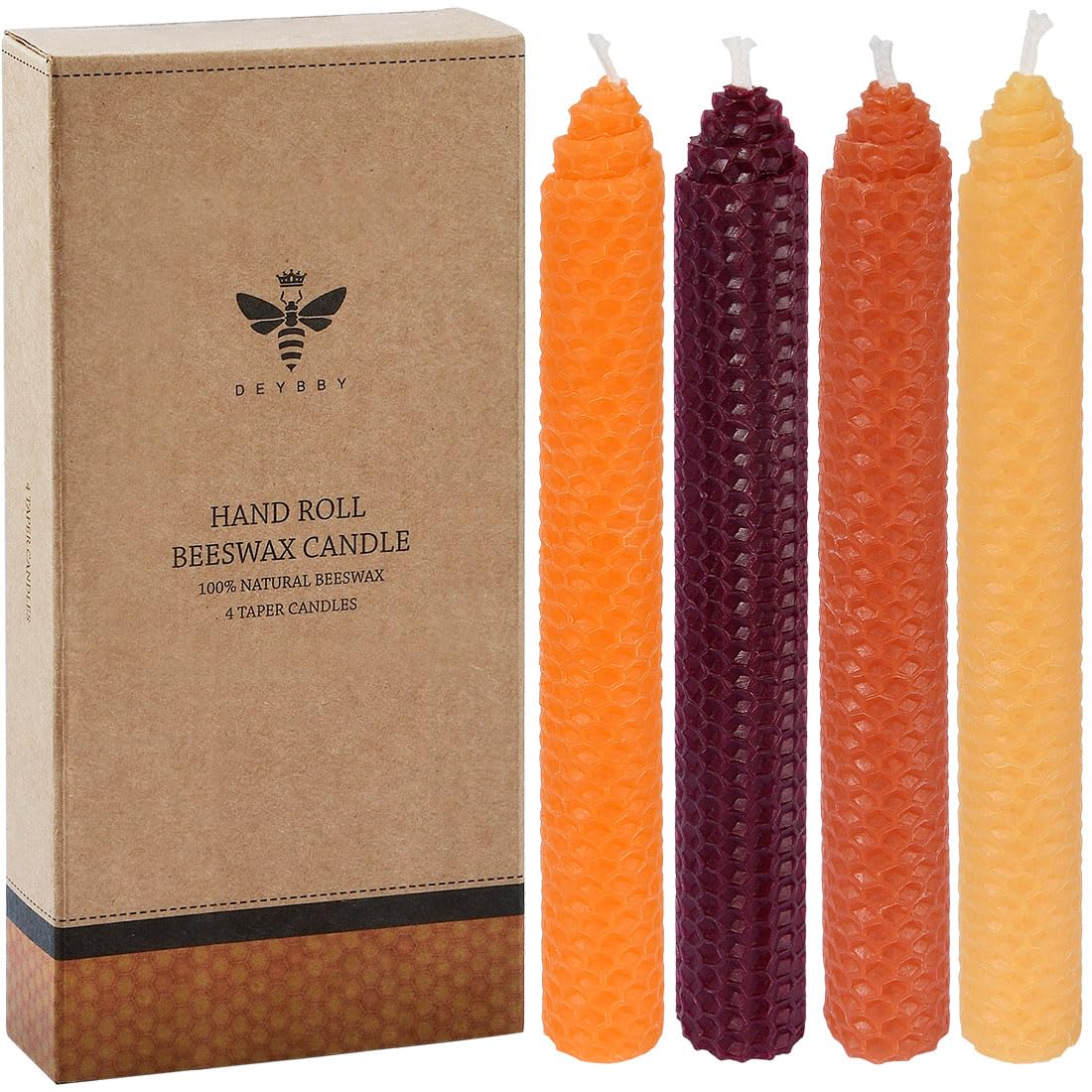 DEYBBY 8" Hand-Rolled Beeswax Taper Candles 4 Pack Cone Top,Pure Natural Honeycomb Bee Wax Candle,4Hour Burn Time(Yellow Orange Brown Fall)