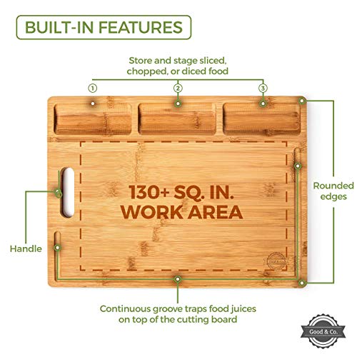 Large Organic Bamboo Cutting Board - Wooden Charcuterie Cheese Serving Platter For Kitchen - With Deep Drip Edge & Garnish Bowls - Boards Are BPA Free,16x12β - Unique Housewarming Gift Idea - Good&Co.