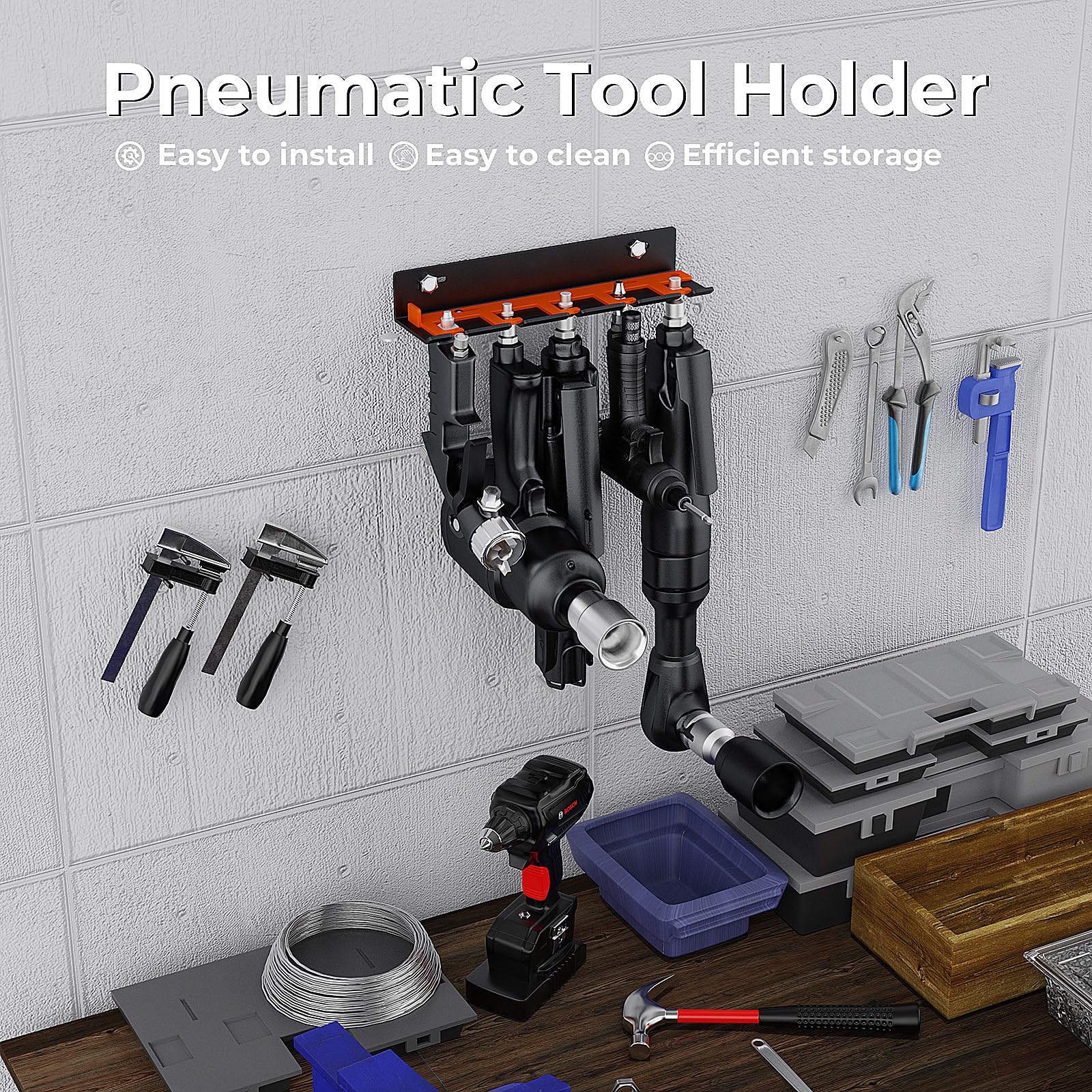 CHOWZZ Air Tool Holder, Air Tool Rack for Garage Walls and Tool Cart Storage Organizer，Wall Mounted Lockable Pneumatic Tool Hanger for Air Compressor Tools, Pneumatic Nail Gun, Black-5 Slots