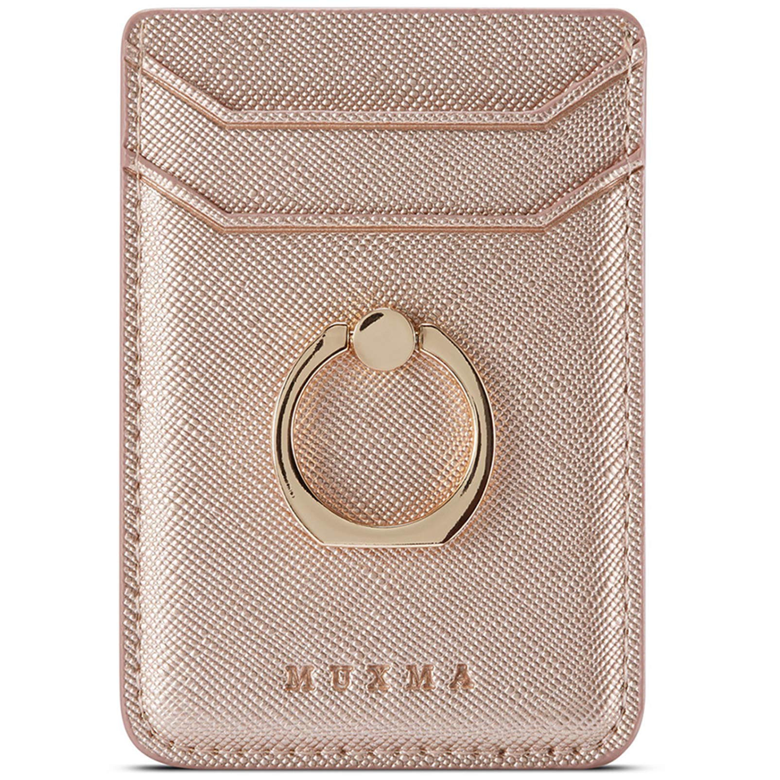 ACRSIKR Card Holder for Back of Phone, RFID Blocking Cell Phone Credit Wallet with Ring Pocket Stick on iPhone Rose Gold