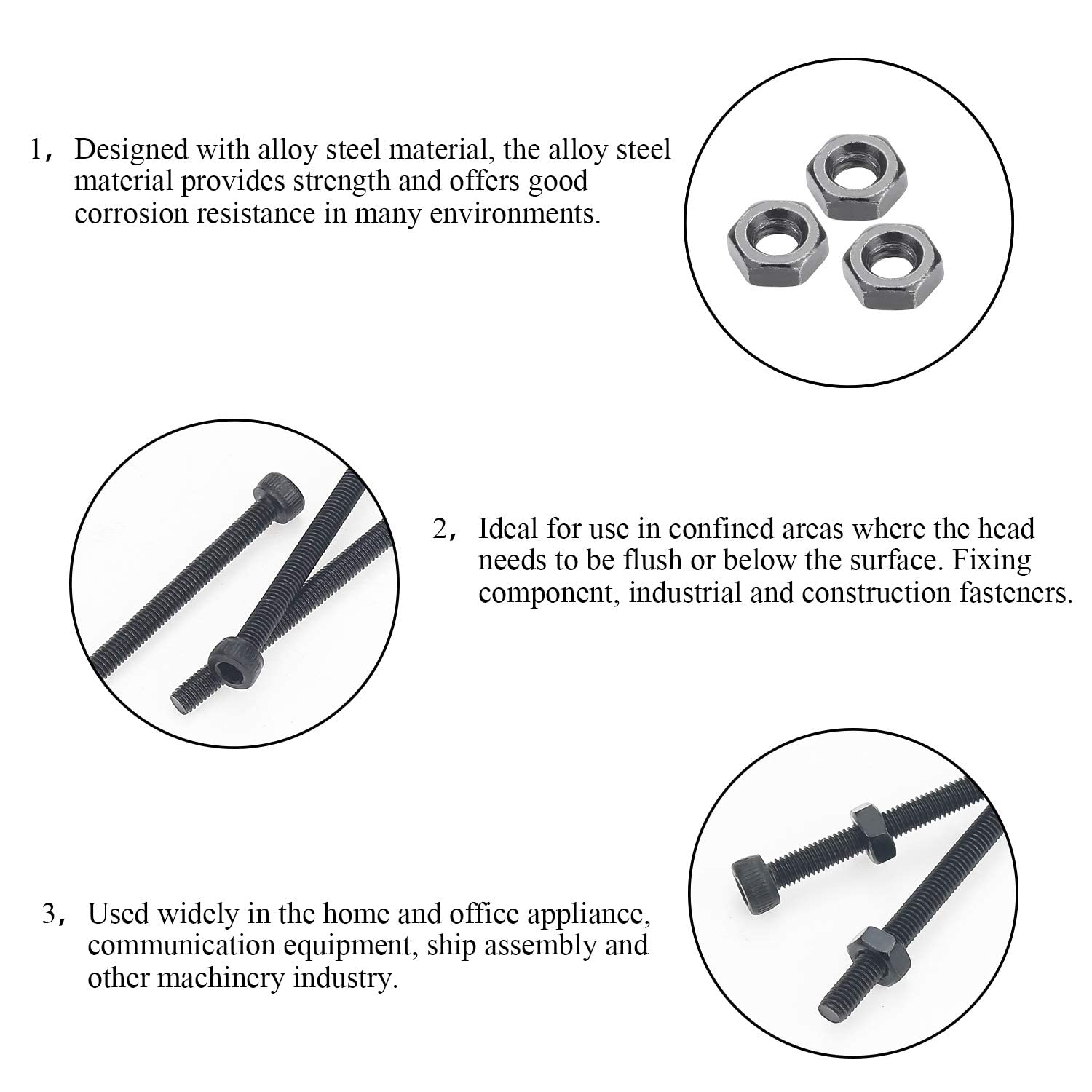 DYWISHKEY 200 Pieces M3 x 30mm/35mm/40mm/45mm/50mm, 12.9 Grade Alloy Steel Hex Socket Head Cap Bolts Screws Nuts Kit with Hex Wrench