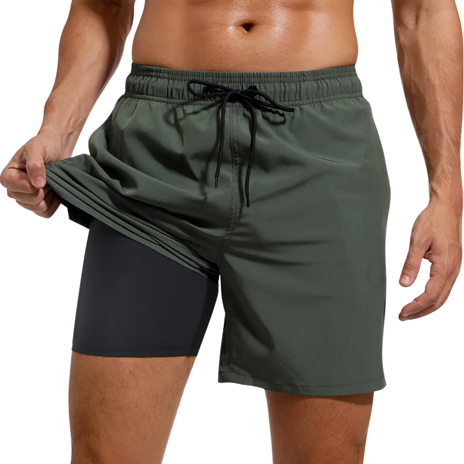 Adorel Men's Running Shorts 2 in 1 with Compression Liner Zipper Pockets Workout Army Green S