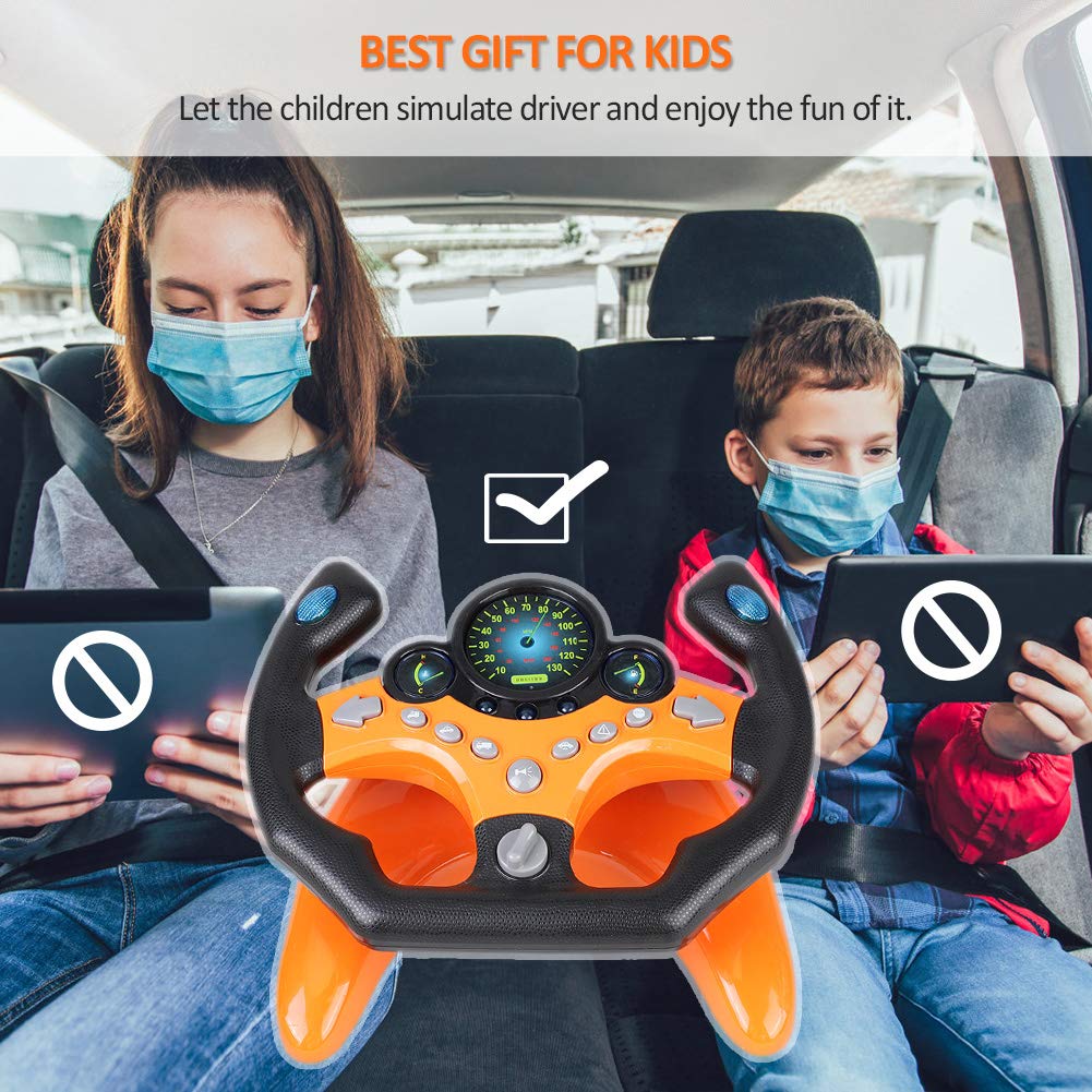 Coherny Steering Wheel Toy Driving Controller Portable Driving Copilot Toy Educational Sounding Toy Gift Driving Wheel with Music for Kids (Orange)