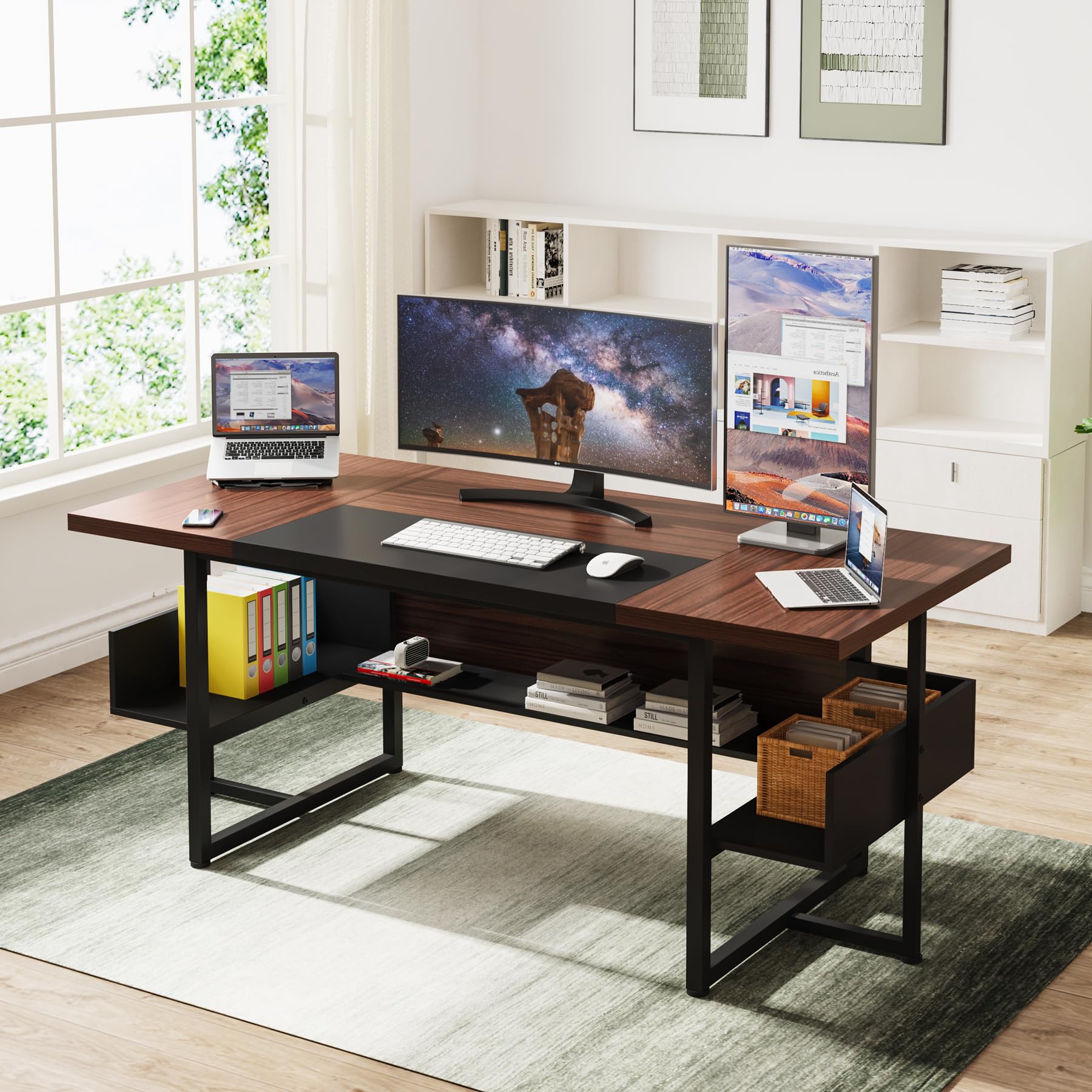 Tribesigns 62 Inch Big Computer Desk with Storage Shelves, Modern Executive Desk Workstation for Home Office Furniture, Walnut & Black