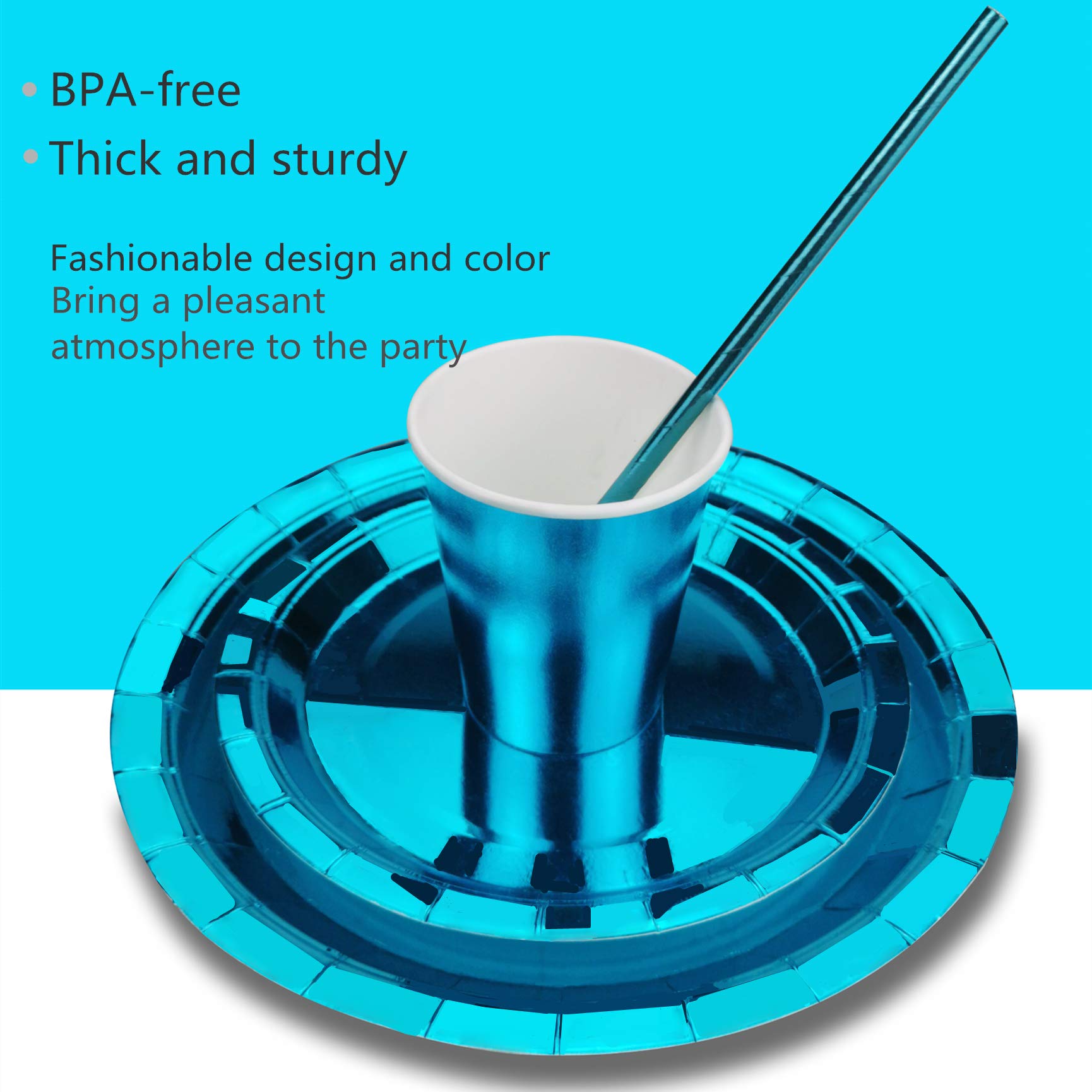 Blue Birthday Party Decorations Party Supplies Heavy Duty Disposable Metallic Blue Paper Plates and Napkins Dinnerware Set for Halloween,Baby Shower,Wedding-125PCS