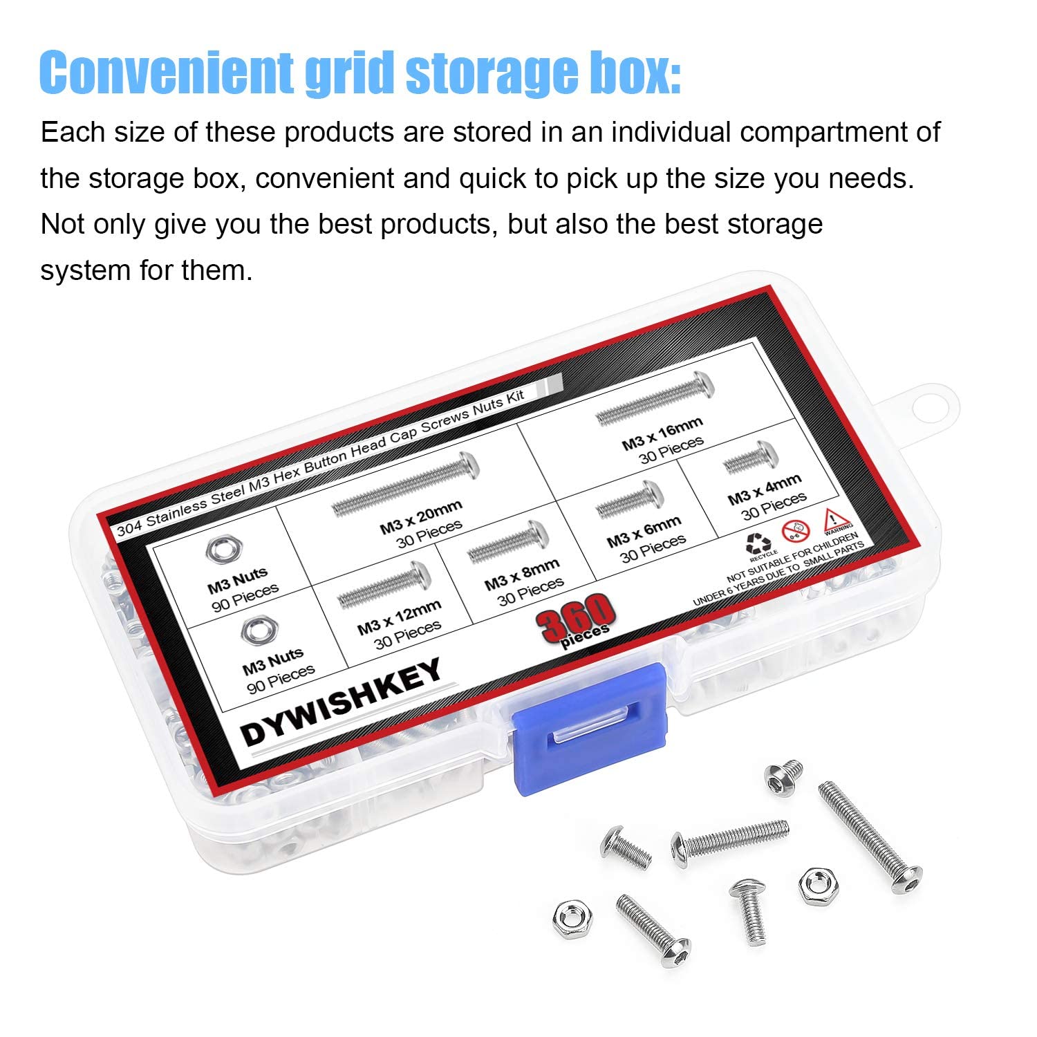 DYWISHKEY 360 Pieces M3 x 4mm/6mm/8mm/12mm/16mm/20mm Stainless Steel 304 Hex Button Head Cap Bolts Screws and Nuts Kit