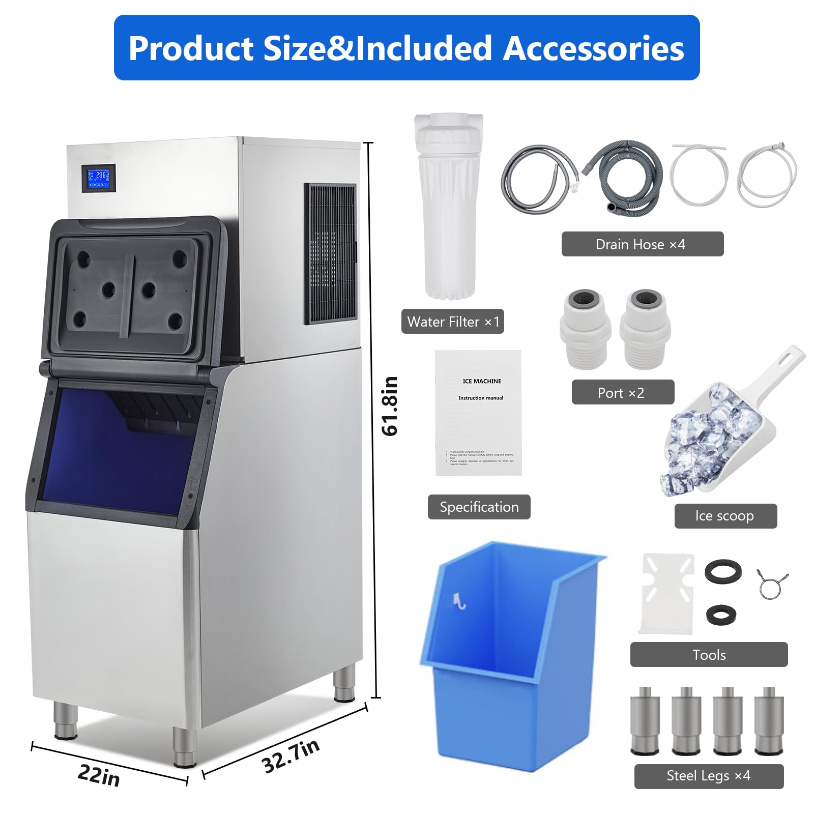 Commercial Ice Maker 350Lbs/24H, 1000W Stainless Steel Ice Machine with 310Lbs Ice Storage Bin, Free-Standing Ice Maker with LCD Panel Auto Operation, Industrial Ice Machine for Business