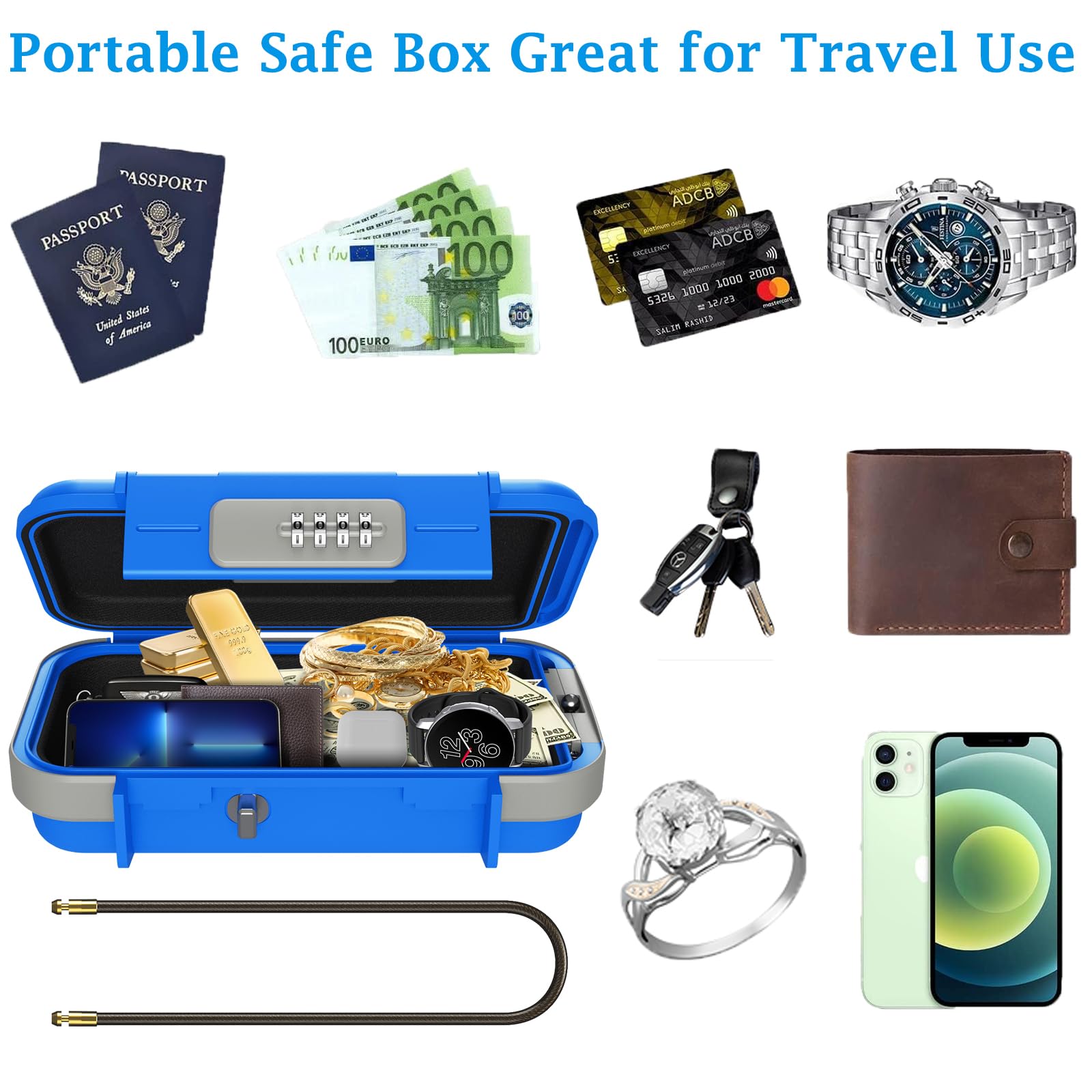 AMIR Portable Safe Box, Combination Security Case LockBox with Code, Waterproof Anti-Theft Mini Travel Safe Lockbox with Removable Chain, Portable Lock Box for Car Dorm Beach Hotel Personal Items Safe