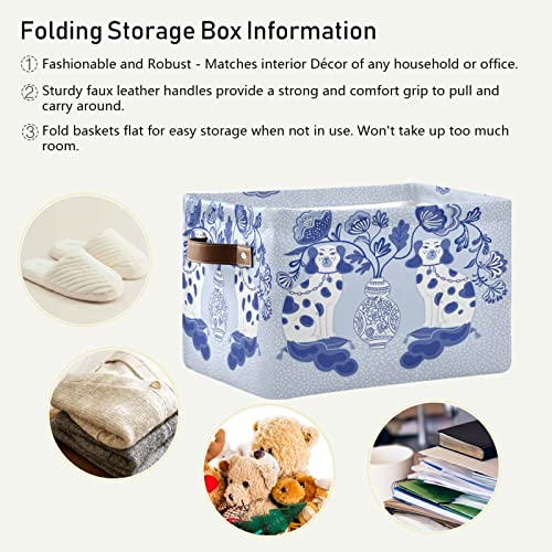 JUAMA Staffordshire Dogs in Chinoiserie Style Blue and White Porcelain Large Foldable Open Storage Bins With Handles Rectangular Baskets Cube for Closet Office Nursery Toys Bedroom Home Organizer
