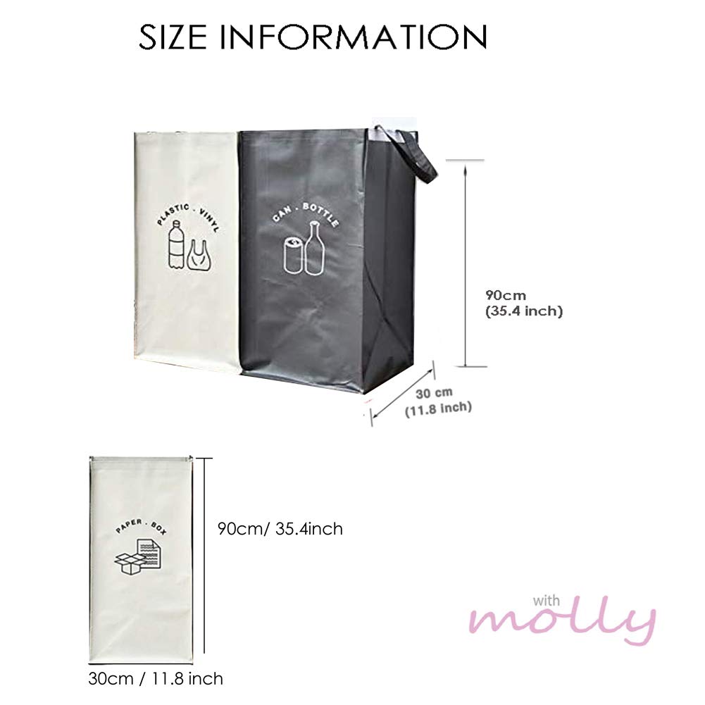 WithMolly Separate Recycling Waste Bin Bags for Kitchen Home Recycle Garbage Trash Sorting Bins Organizer Waterproof Baskets Compartment Container (Set of 2 Color Pack)