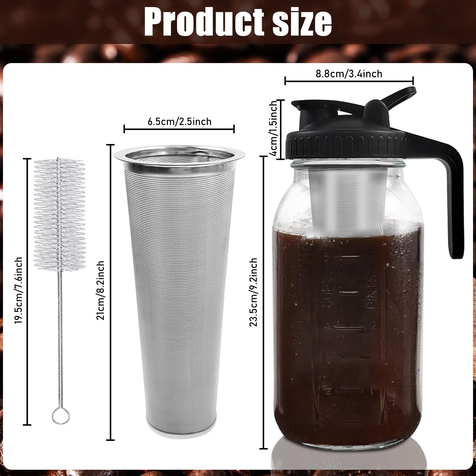 64oz Cold Brew Coffee Maker, Cold Brew Mason Jar Pitcher With Lid & Heavy-Duty Stainless Steel Filter & Brush for Iced Coffee, Tea, Juice