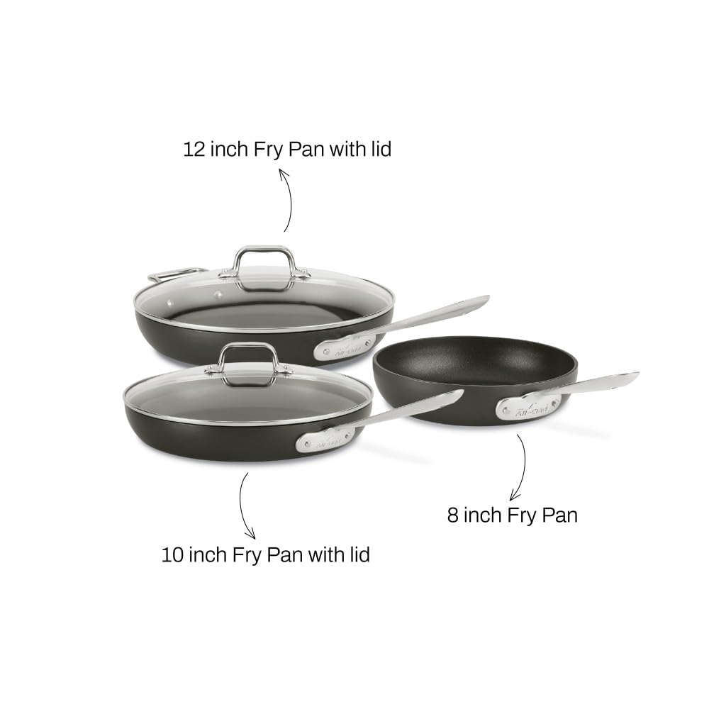 All-Clad HA1 Hard Anodized Non Stick Fry Pan Set 3 Piece, 8, 10, 12 Inch, Induction, Oven Broiler Safe 500F, Lid Safe 350F, Skillets, Frying Pans w/ Lid, Pots and Pans Set Non Stick, Cookware, Black