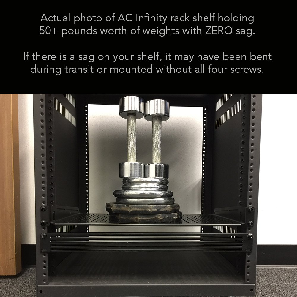 AC Infinity Vented Cantilever 1U Universal Rack Shelf, 10" Deep, for 19β equipment racks. Heavy-Duty 2.4mm Cold Rolled Steel, 60lbs Capacity